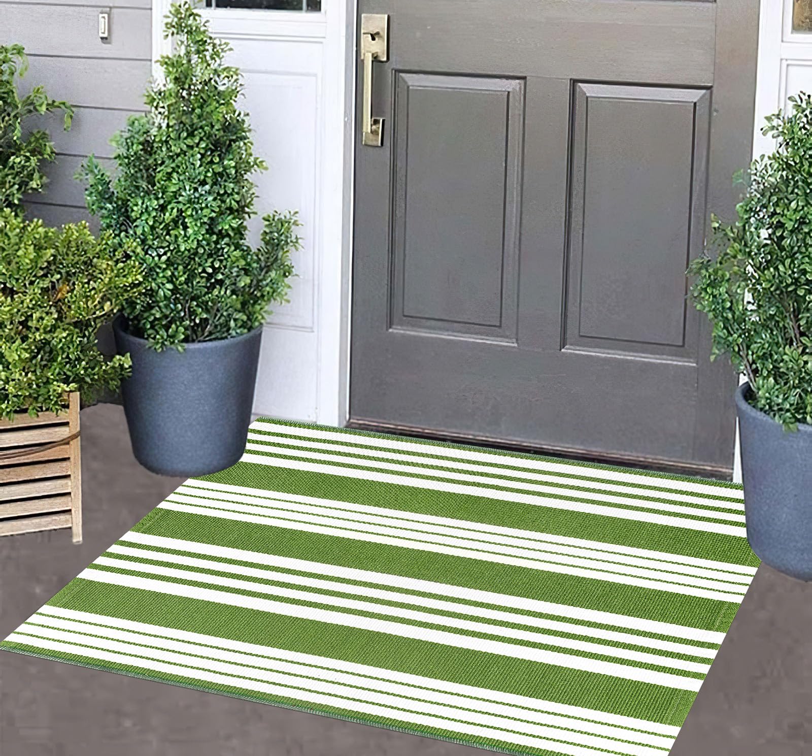 Green and White Striped Outdoor Rug 24'' x 35'' Door Mat Outdoor Machine Washable Welcome Mats Cotton Hand-Woven Entryway Rug for Front Porch/Entryway/Laundry/Bathroom/Bedroom