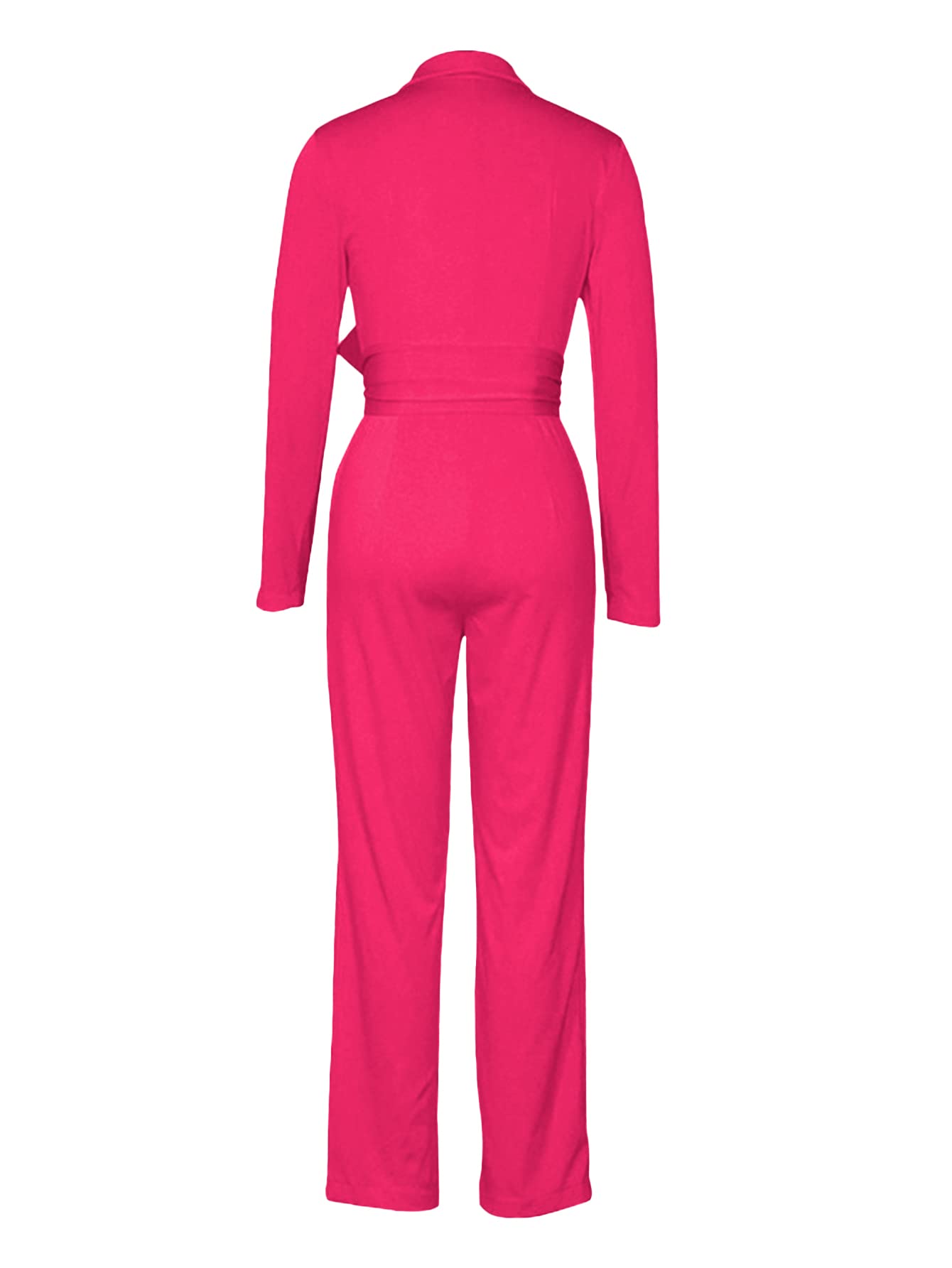 LYANER Women's Deep V Neck Shawl Collar Long Sleeve Pant with Pockets Waist Tie Romper Blazer Jumpsuit Rose Large