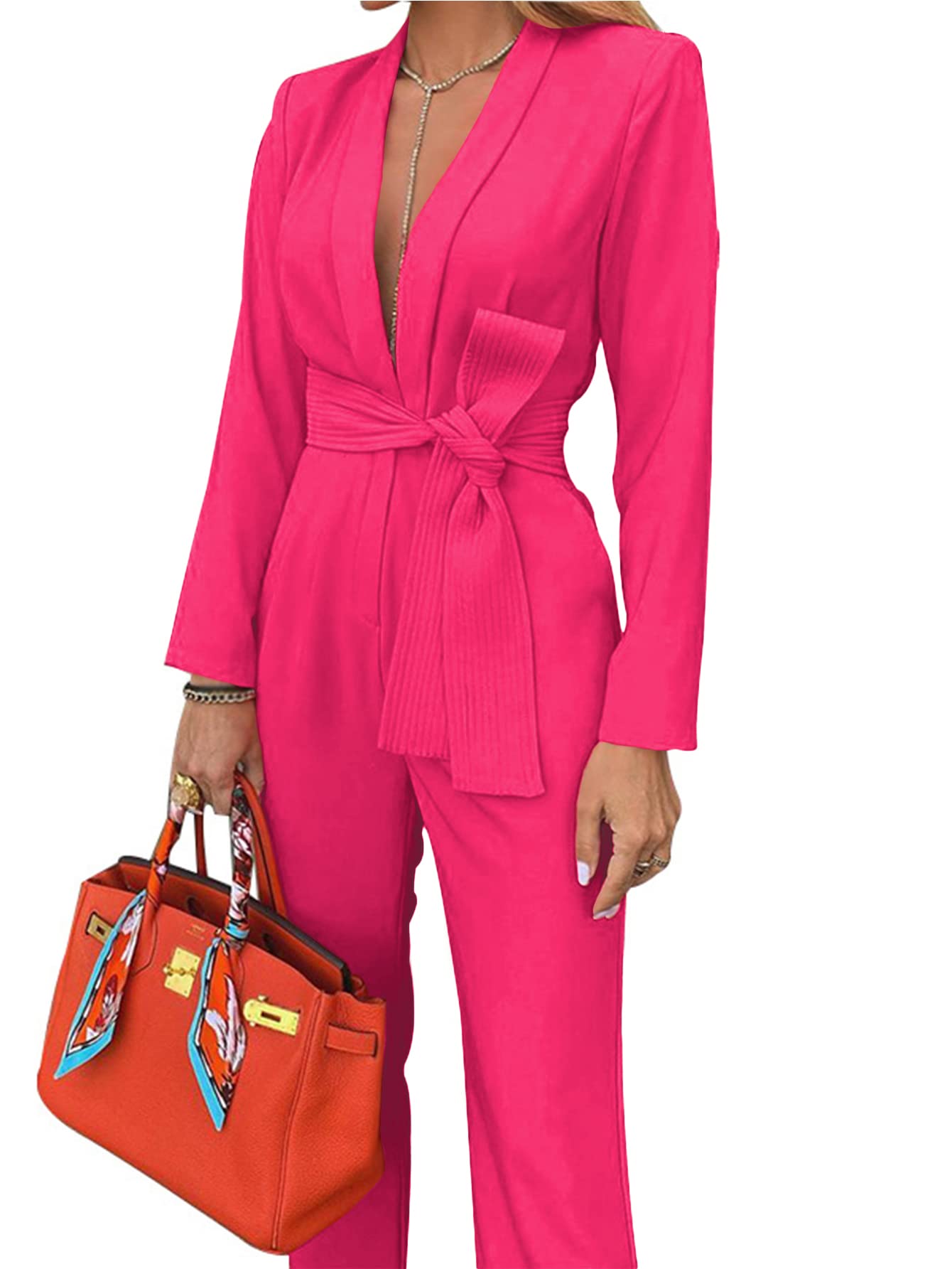 LYANER Women's Deep V Neck Shawl Collar Long Sleeve Pant with Pockets Waist Tie Romper Blazer Jumpsuit Rose Large