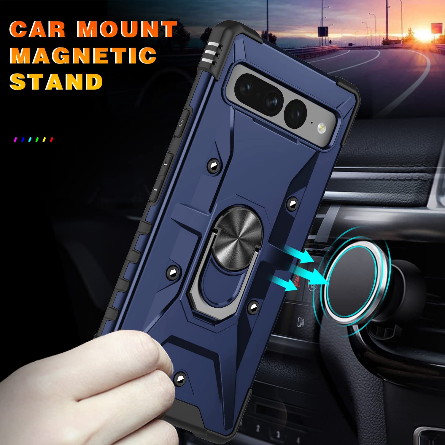Suordii Case for Google Pixel 7 Pro with Tempered Glass Screen Protector, Durable Military-Grade Heavy Duty Phone Case with Ring Holder Kickstand for Google Pixel 7 Pro - Blue