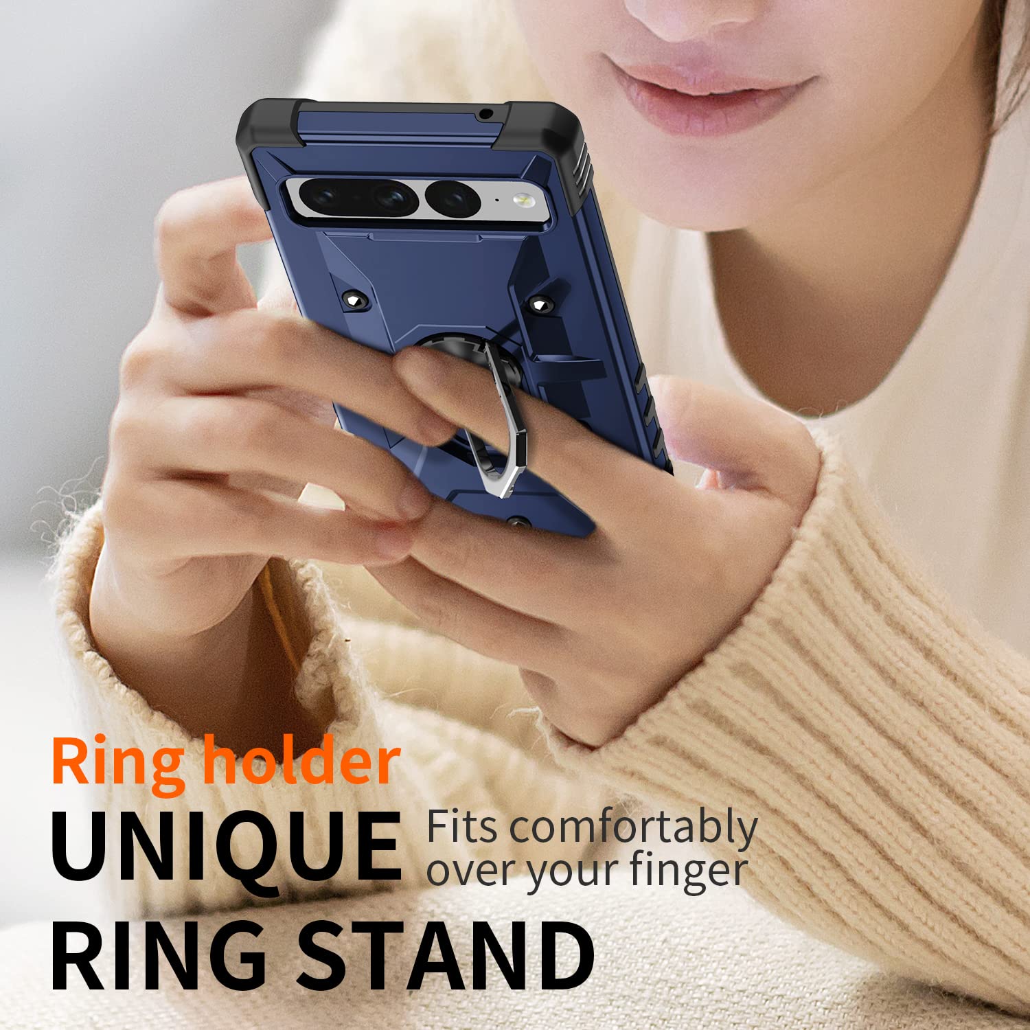 Suordii Case for Google Pixel 7 Pro with Tempered Glass Screen Protector, Durable Military-Grade Heavy Duty Phone Case with Ring Holder Kickstand for Google Pixel 7 Pro - Blue