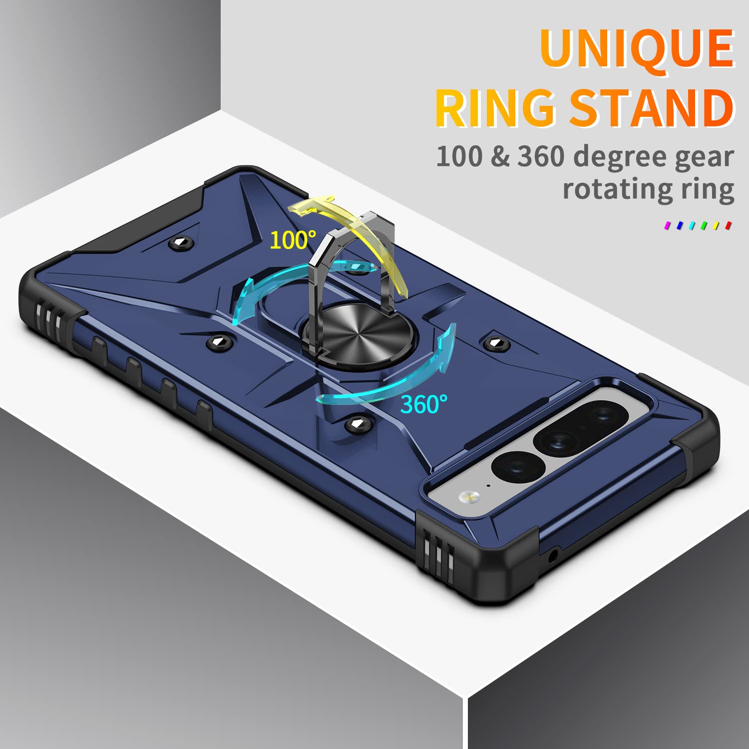 Suordii Case for Google Pixel 7 Pro with Tempered Glass Screen Protector, Durable Military-Grade Heavy Duty Phone Case with Ring Holder Kickstand for Google Pixel 7 Pro - Blue