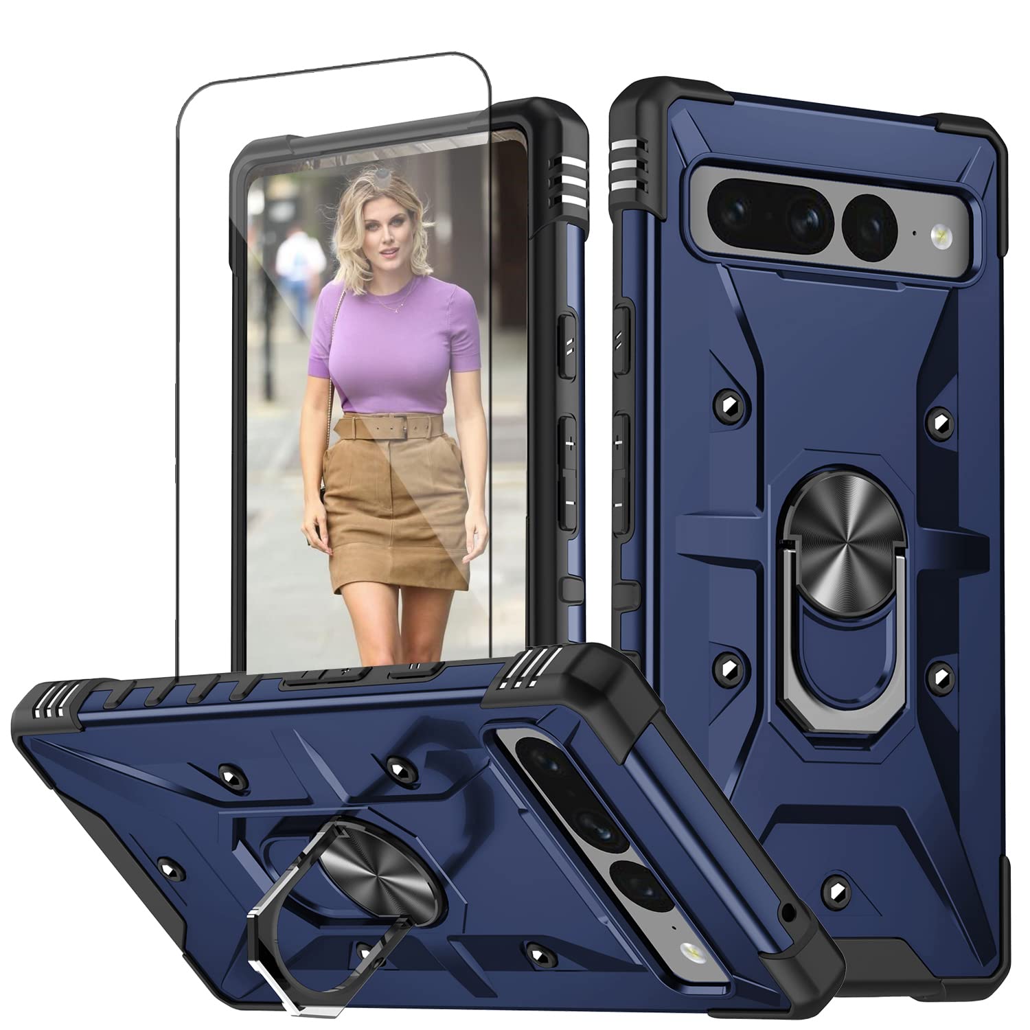 Suordii Case for Google Pixel 7 Pro with Tempered Glass Screen Protector, Durable Military-Grade Heavy Duty Phone Case with Ring Holder Kickstand for Google Pixel 7 Pro - Blue