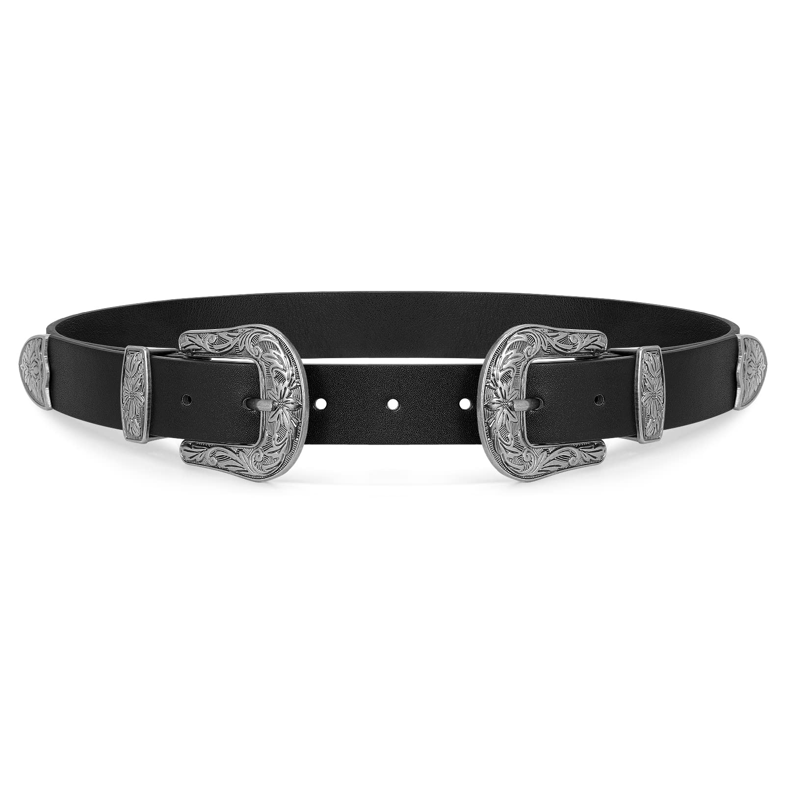 WHIPPY Vintage Western Leather Belt for Women Double Buckle Retro Cowgirl Waist Belts for Jeans Pants and Dresses Black Silver Tone L