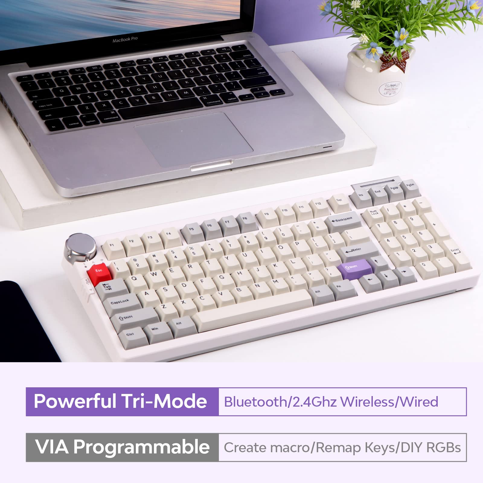 EPOMAKER CIDOO ABM098 1800 Compact VIA Gasket Mount Hot Swap Bluetooth 5.0/2.4Ghz/Type-C Mechanical Keyboard, with Poron Foam, South-Facing LEDs and Metal Knob for Mac/Win(ABM098 Matte Linear Switch)