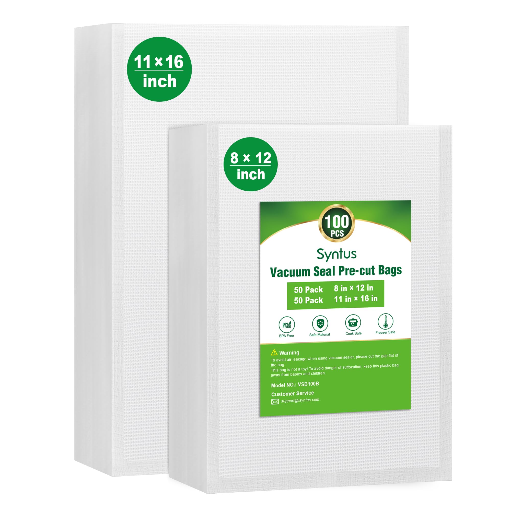 Syntus Vacuum Sealer Bags, 100 Gallon 11" x 16" and Quart 8" x 12" Commercial Grade PreCut Bag, BPA Free Food Vac Bags for Storage, Meal Prep or Sous Vide