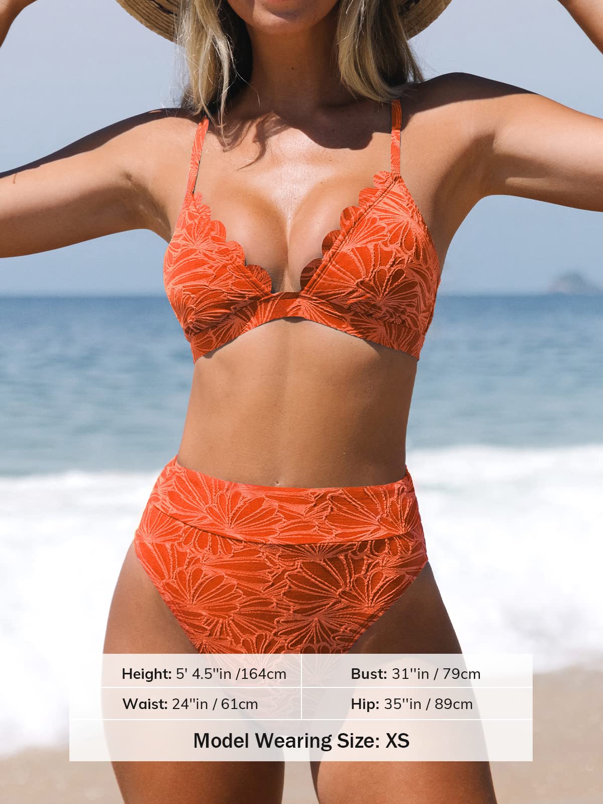 CUPSHE Bikini Set for Women Bathing Suit High Waisted Scalloped V Neck Two Pieces Swimsuit, L Coral Orange