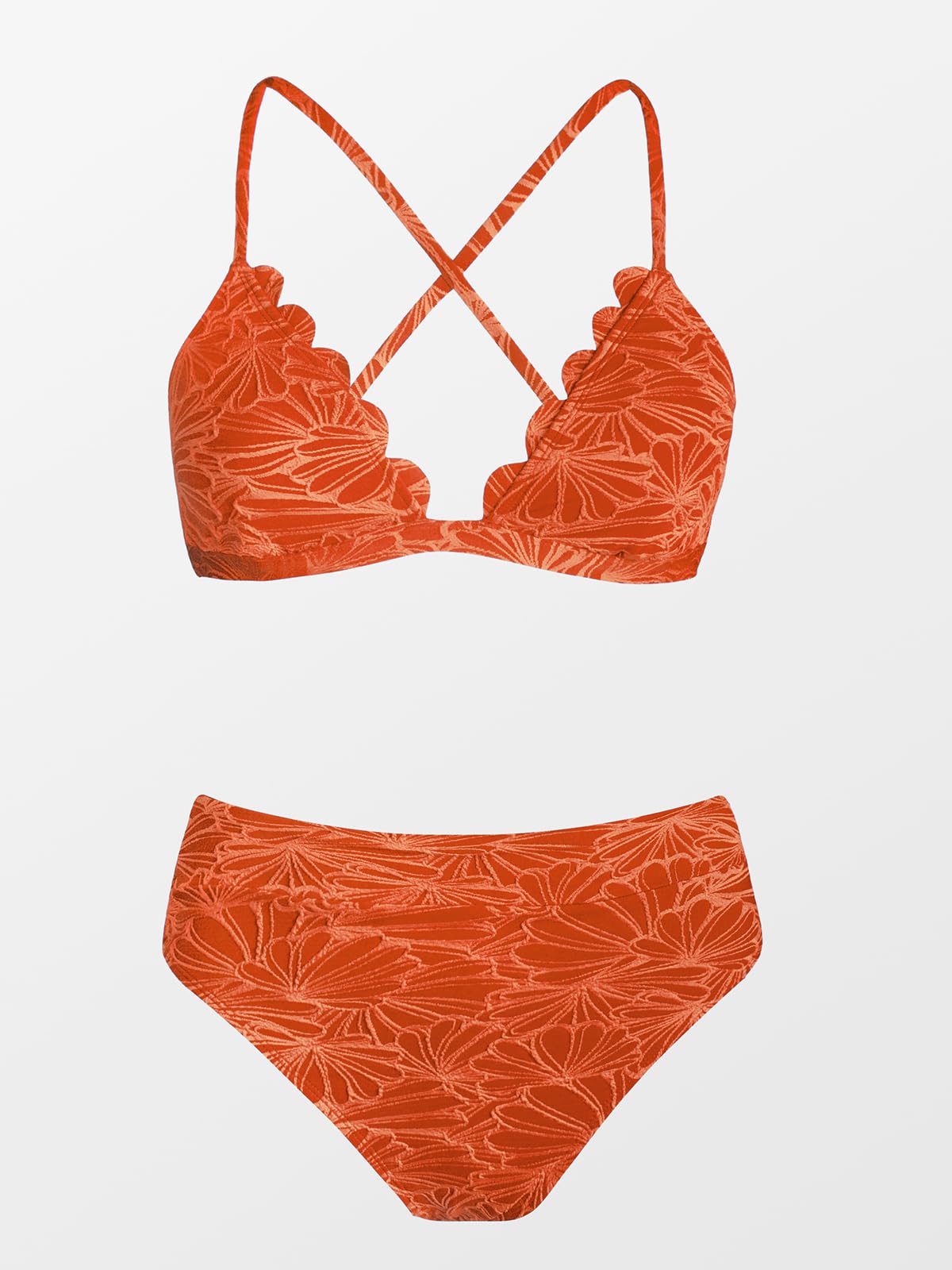 CUPSHE Bikini Set for Women Bathing Suit High Waisted Scalloped V Neck Two Pieces Swimsuit, L Coral Orange