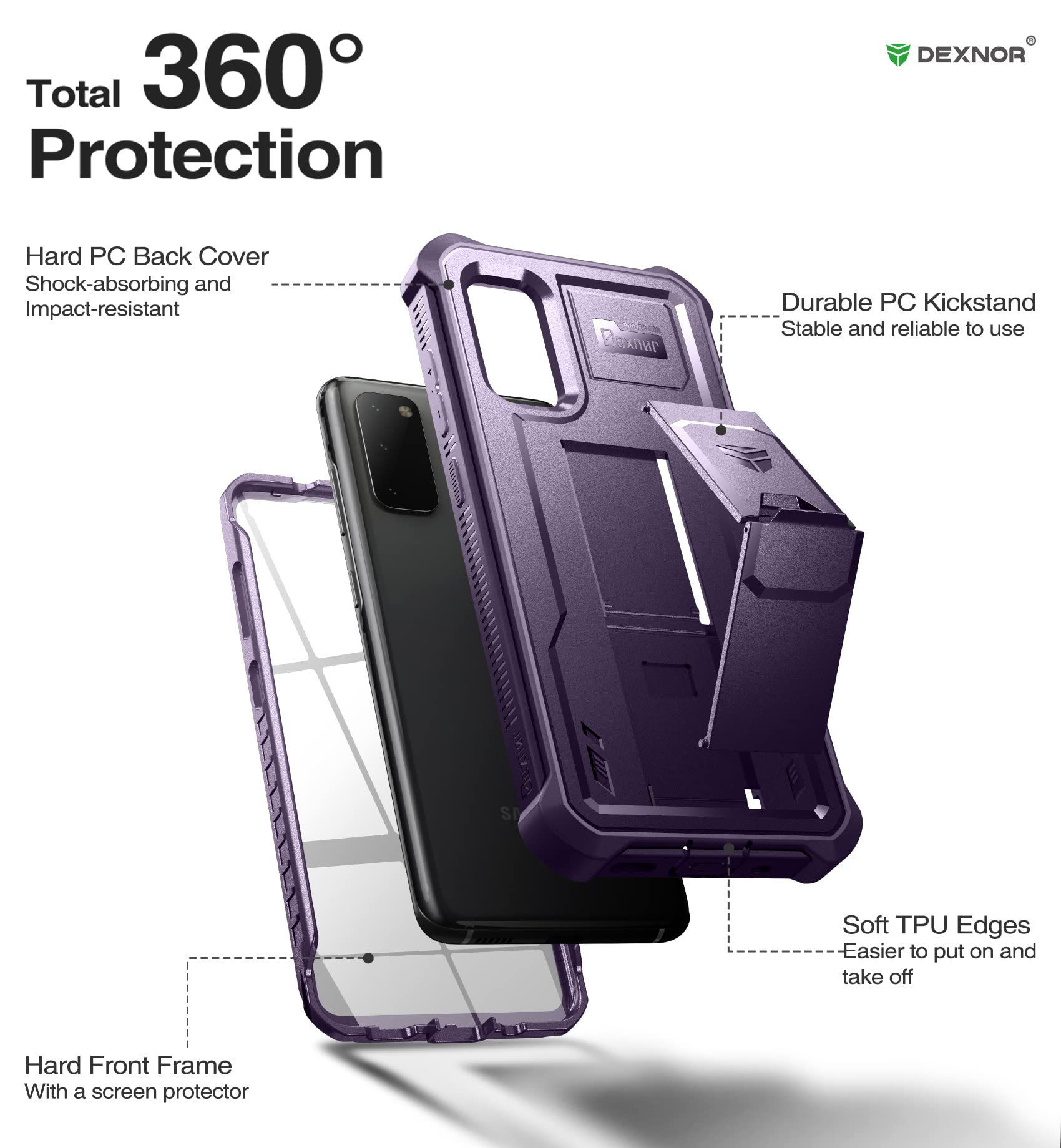 Dexnor for Samsung Galaxy S20 5G Case/6.2 inches, [Built in Screen Protector and Kickstand] Heavy Duty Military Grade Protection Shockproof Protective Cover for Samsung Galaxy S20 5G,Mulberry