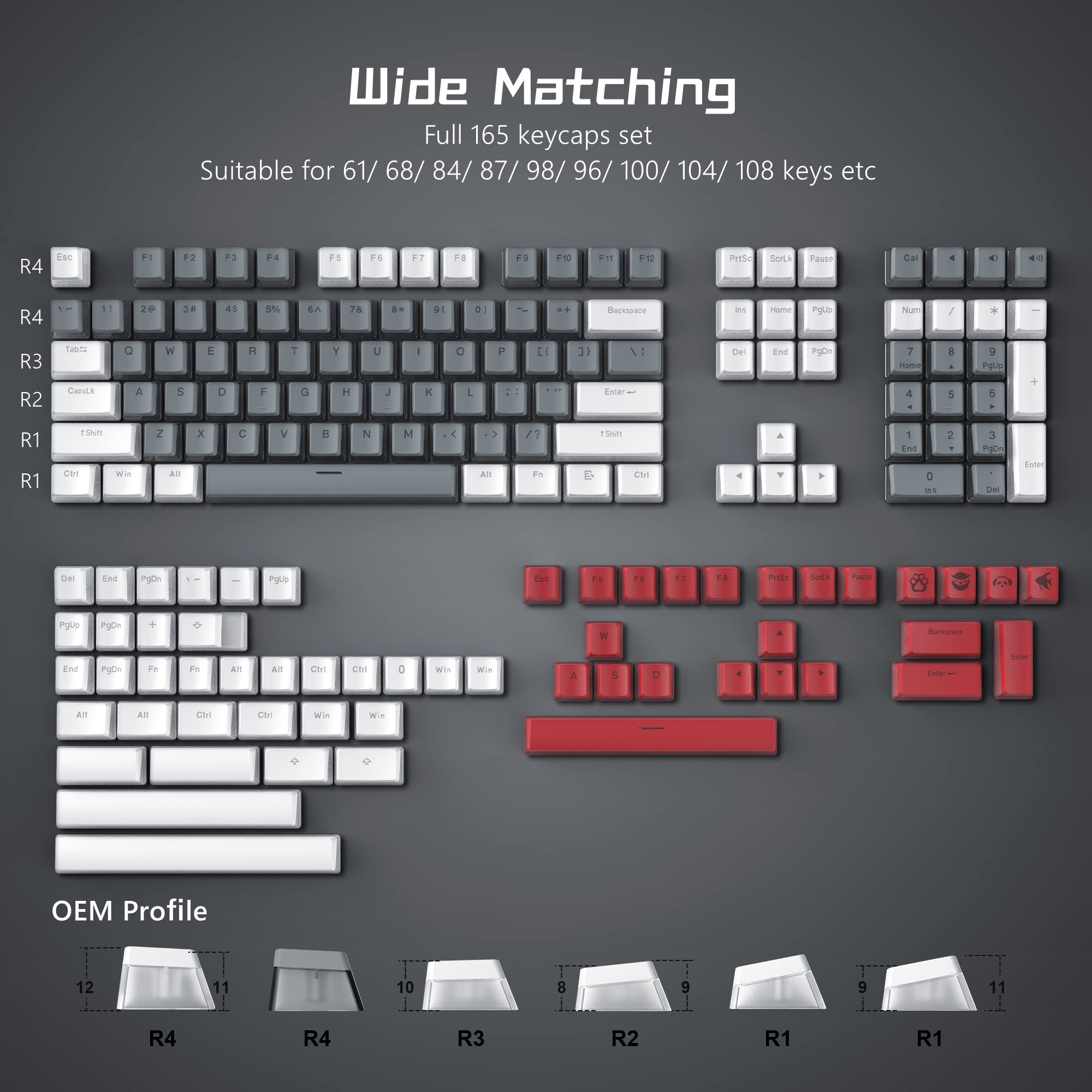 Womier Pudding Keycaps - PBT Keycaps, Shine Through Keycaps, 165 Keys Keycaps Set, Custom Keycaps for 61/68/84/87/82/100 Cherry Gateron MX Switches Mechanical Keyboard, White/Gray