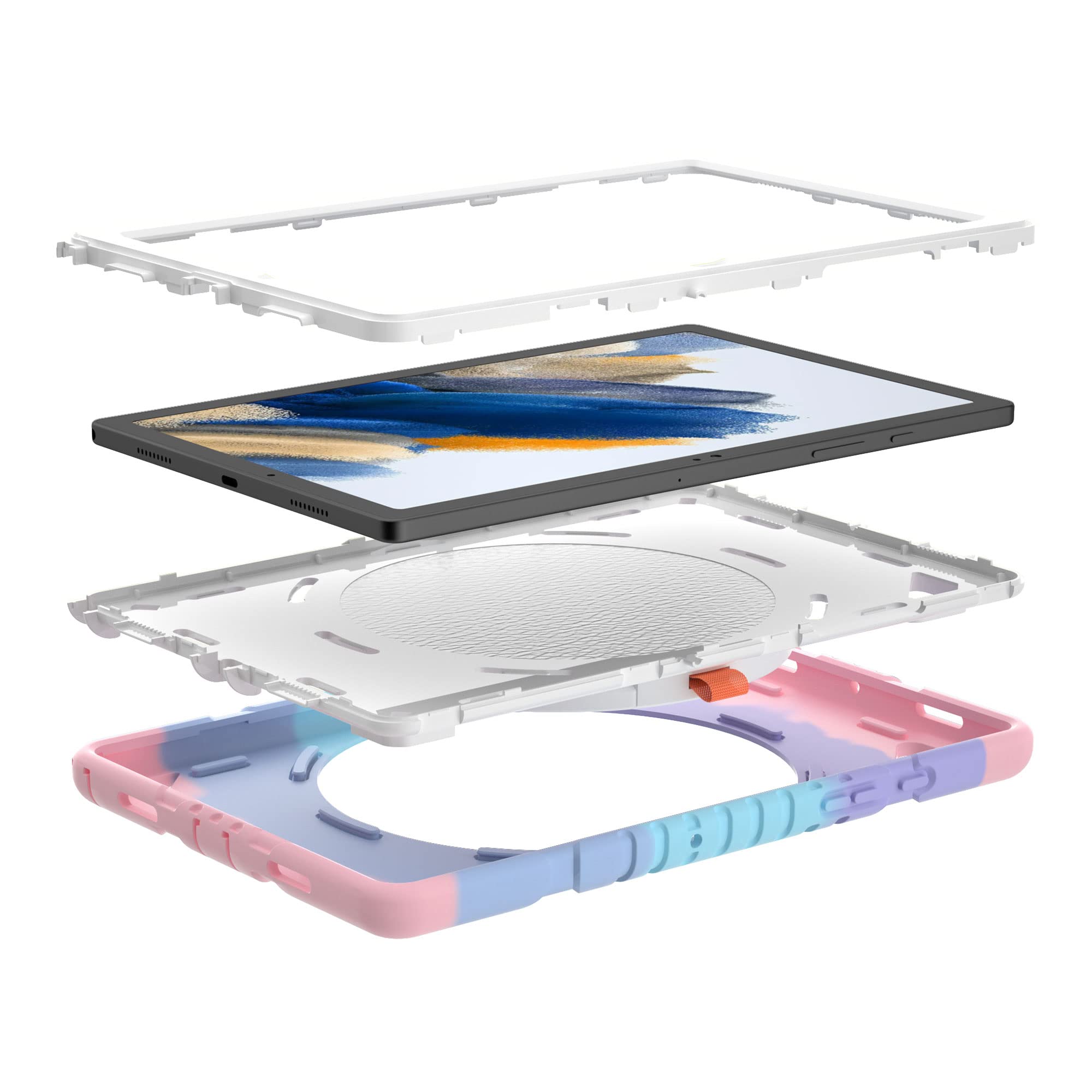 XZC for Samsung Galaxy Tab A8 Case 10.5'' 2022 (SM-X200/X205/X207) Heavy Duty Shockproof Rugged Cover with Rotating Stand/Pencil Holder/Carrying Shoulder Strap (Pink)