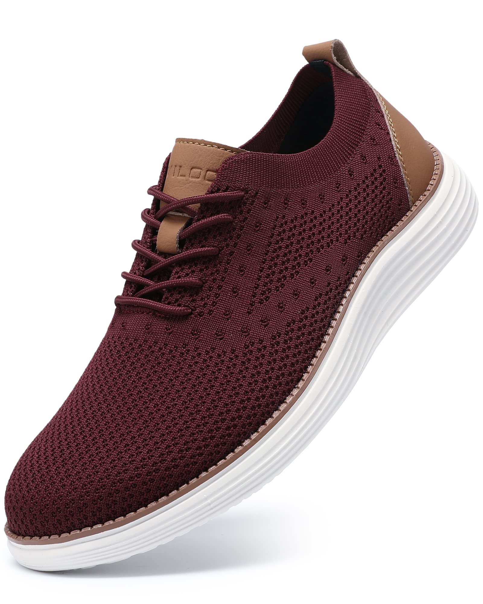 VILOCY Men's Casual Dress Sneakers Oxfords Business Shoes Lace Up Lightweight Comfortable Breathable Walking Knit Mesh Fashion Sneakers Tennis Wine Red,EU44