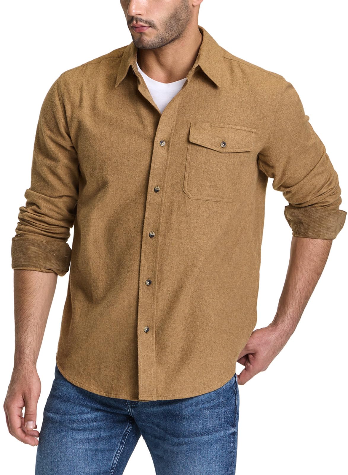 CQR Men's All Cotton Flannel Shirt, Long Sleeve Casual Button Down Plaid Shirt, Brushed Soft Outdoor Tactical Work Shirts, Solid Wheat Brown, X-Large