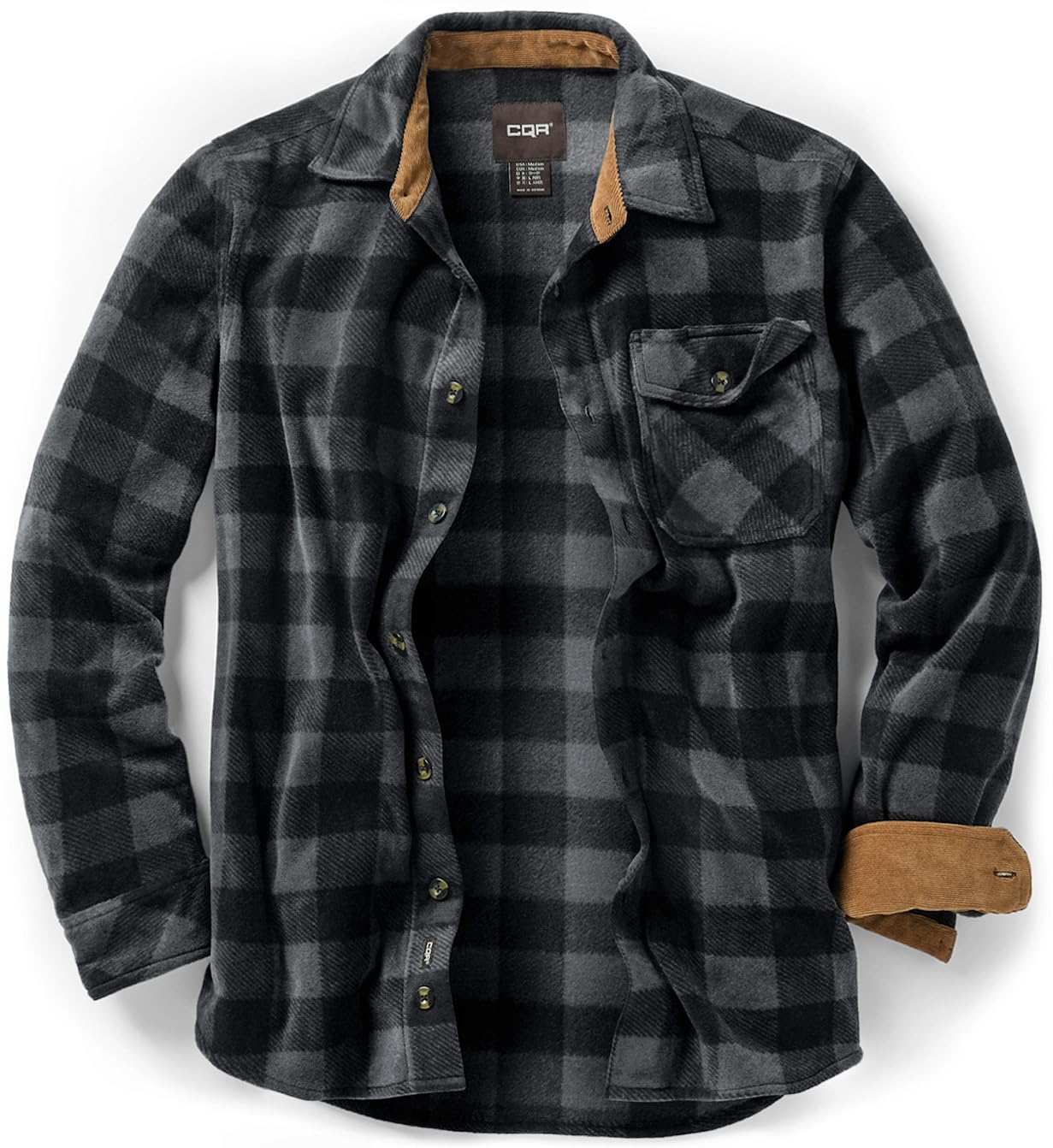 CQR Men's Long Sleeve Heavyweight Fleece Shirts, Plaid Button Up Shirt, Warm Outdoor Casual Shirt with Pockets, One Pocket Charcoal, Medium