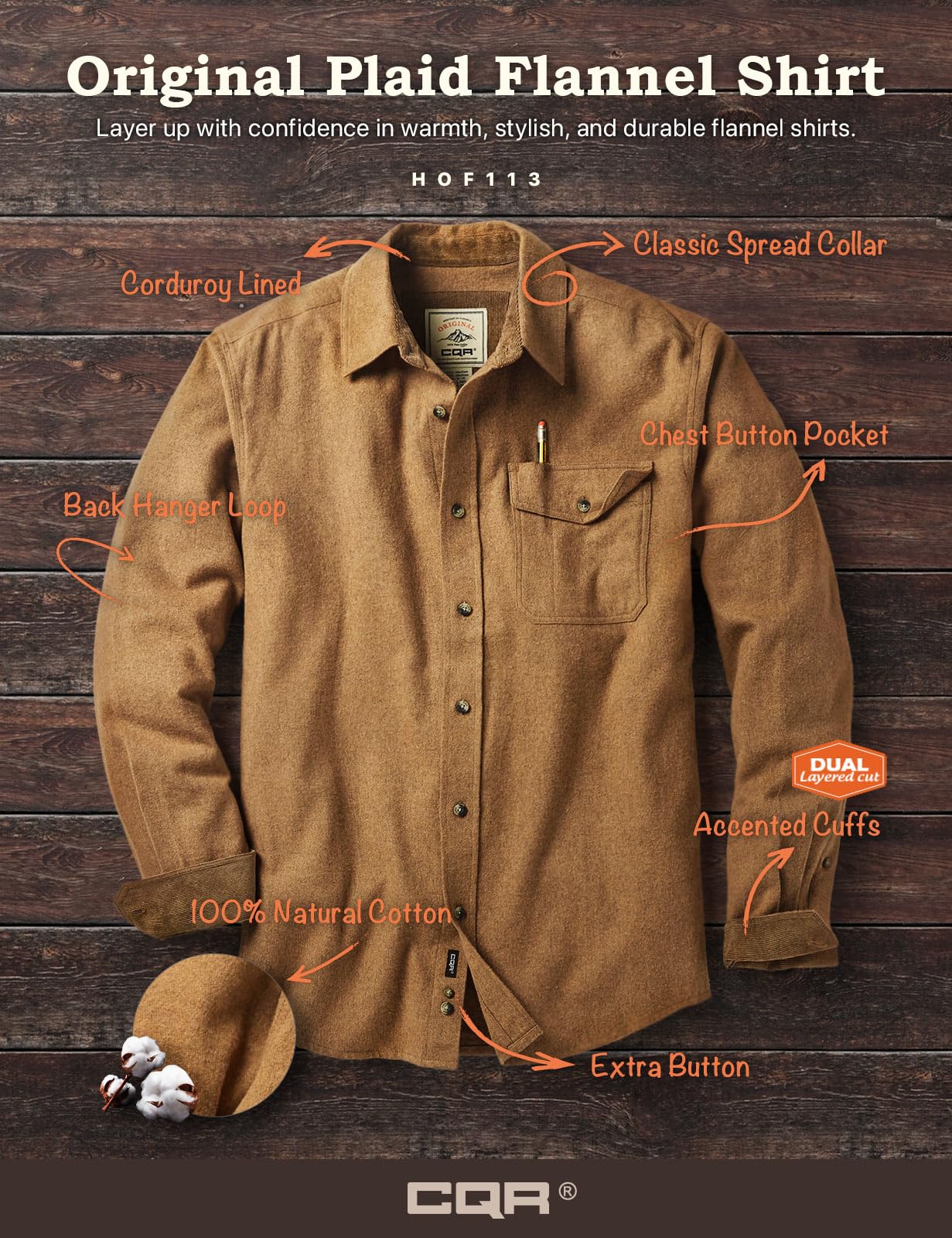 CQR Men's All Cotton Flannel Shirt, Long Sleeve Casual Button Down Plaid Shirt, Brushed Soft Outdoor Tactical Work Shirts, Solid Wheat Brown, X-Large