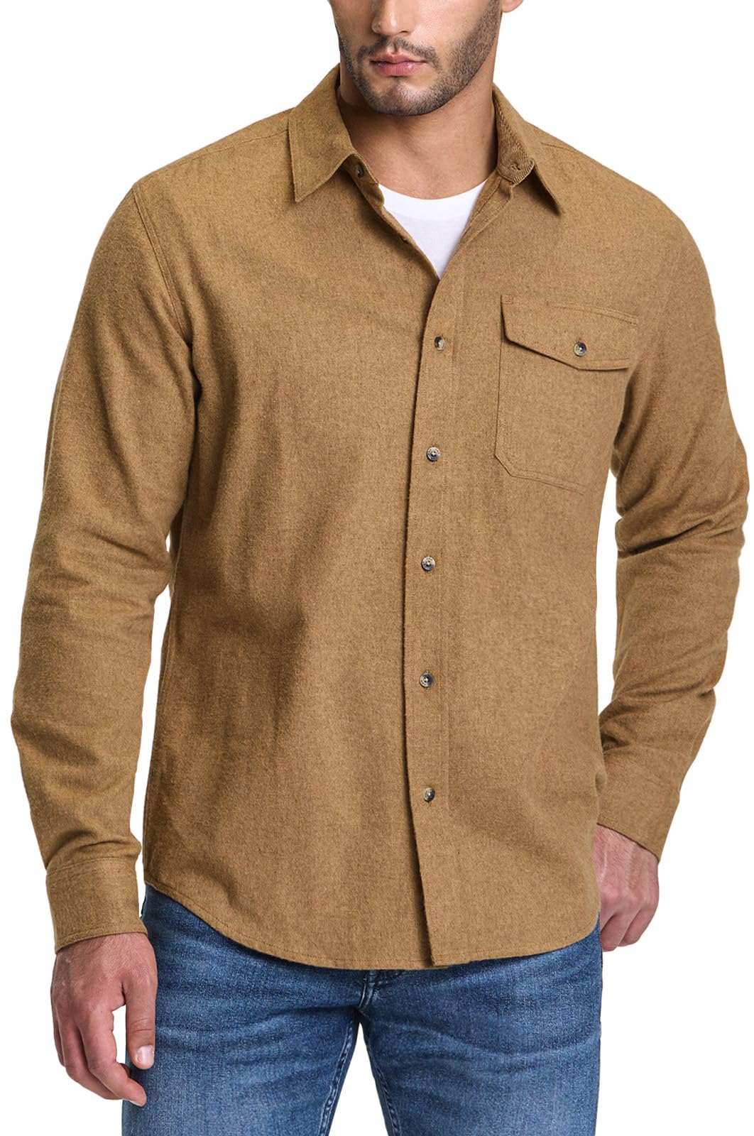 CQR Men's All Cotton Flannel Shirt, Long Sleeve Casual Button Down Plaid Shirt, Brushed Soft Outdoor Tactical Work Shirts, Solid Wheat Brown, X-Large