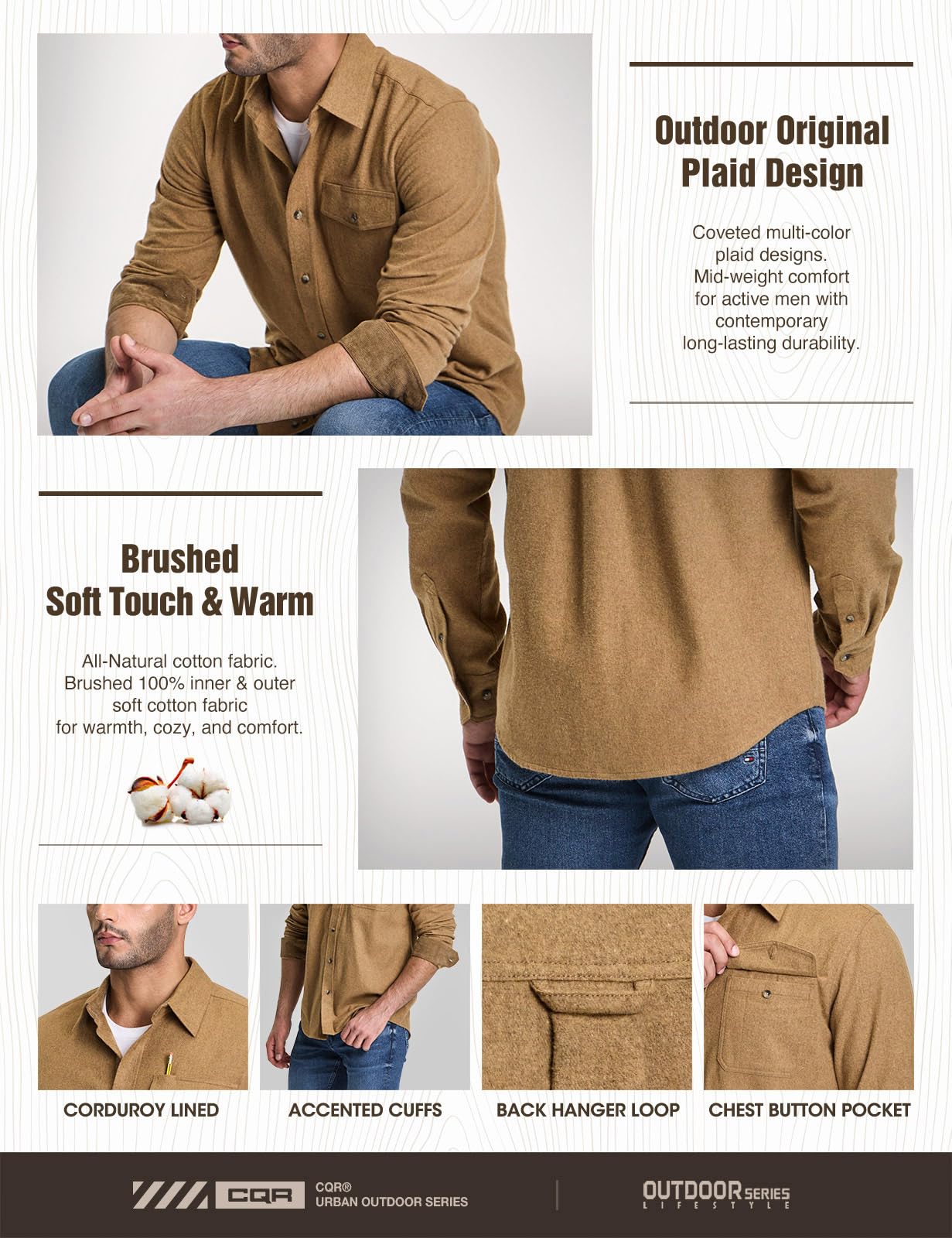 CQR Men's All Cotton Flannel Shirt, Long Sleeve Casual Button Down Plaid Shirt, Brushed Soft Outdoor Tactical Work Shirts, Solid Wheat Brown, X-Large