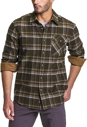 CQR Men's All Cotton Flannel Shirt, Long Sleeve Casual Button Down Plaid Shirt, Brushed Soft Outdoor Tactical Work Shirts, Plaid Hickory Green, Large