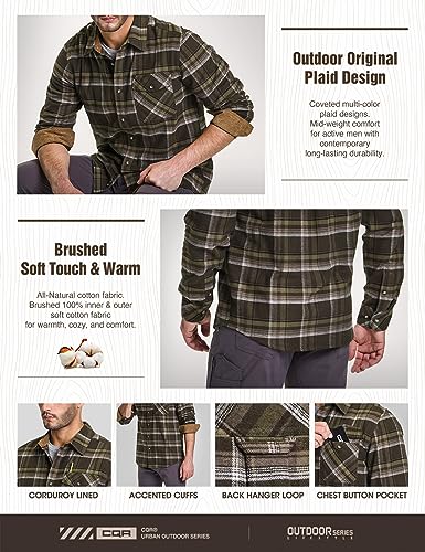 CQR Men's All Cotton Flannel Shirt, Long Sleeve Casual Button Down Plaid Shirt, Brushed Soft Outdoor Tactical Work Shirts, Plaid Hickory Green, Large