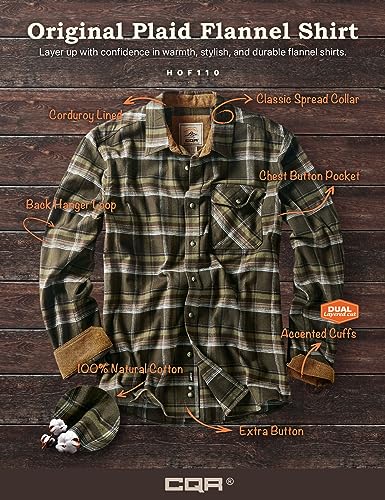 CQR Men's All Cotton Flannel Shirt, Long Sleeve Casual Button Down Plaid Shirt, Brushed Soft Outdoor Tactical Work Shirts, Plaid Hickory Green, Large