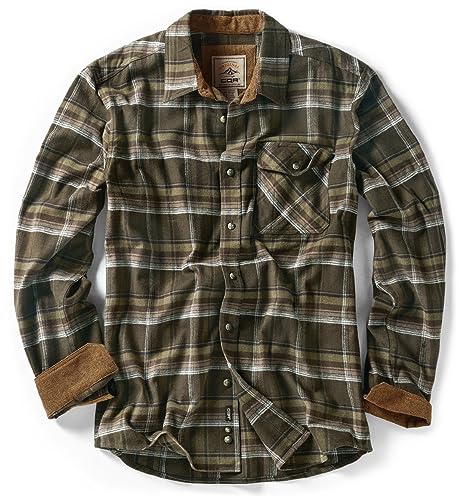 CQR Men's All Cotton Flannel Shirt, Long Sleeve Casual Button Down Plaid Shirt, Brushed Soft Outdoor Tactical Work Shirts, Plaid Hickory Green, Large