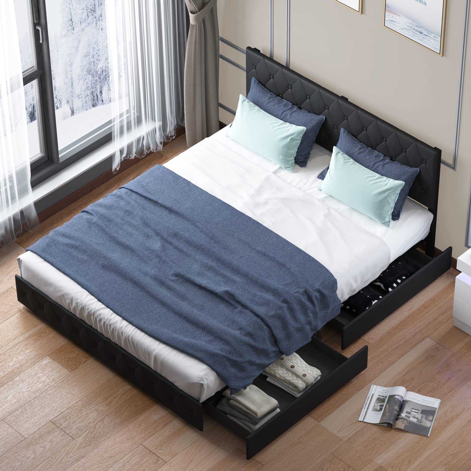 Mjkone King Bed Frame with 4 Storage Drawers, PU Leather King Size Upholstered Platform Bed Frame with Adjustable Headboard, No Box Spring Needed/Easy Assembly/No Mattress (King, Black)