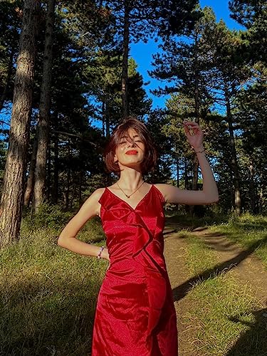 KOJOOIN Women's V-Neck Spaghetti Strap Satin Ruffle Sexy Party Dress Wedding Cocktail Bodycon Midi Dress Wine Red M