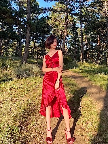 KOJOOIN Women's V-Neck Spaghetti Strap Satin Ruffle Sexy Party Dress Wedding Cocktail Bodycon Midi Dress Wine Red M