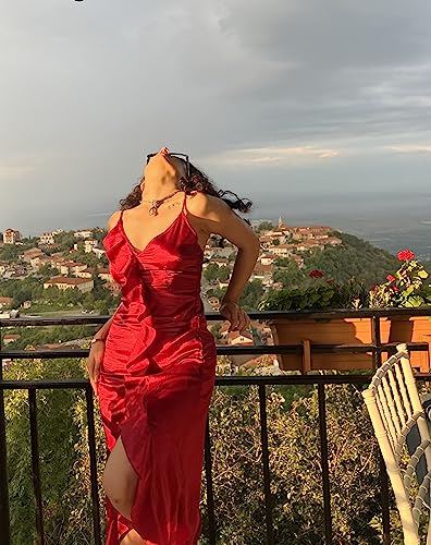 KOJOOIN Women's V-Neck Spaghetti Strap Satin Ruffle Sexy Party Dress Wedding Cocktail Bodycon Midi Dress Wine Red M