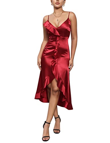 KOJOOIN Women's V-Neck Spaghetti Strap Satin Ruffle Sexy Party Dress Wedding Cocktail Bodycon Midi Dress Wine Red M