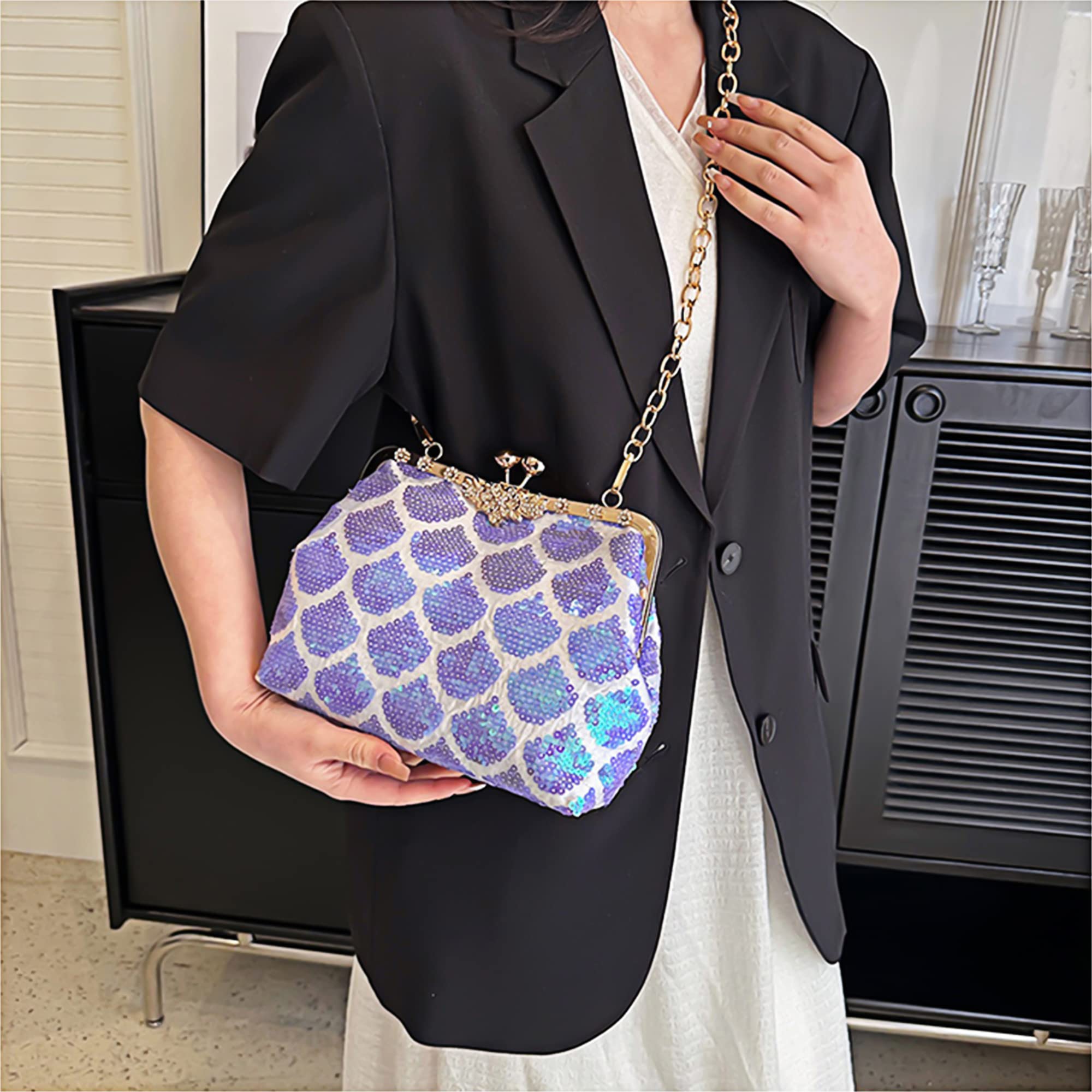 Women Mini Mermaid Scale Sequin Evening Handbag Clutch Chain Strap Cross-body Bag Kiss Lock