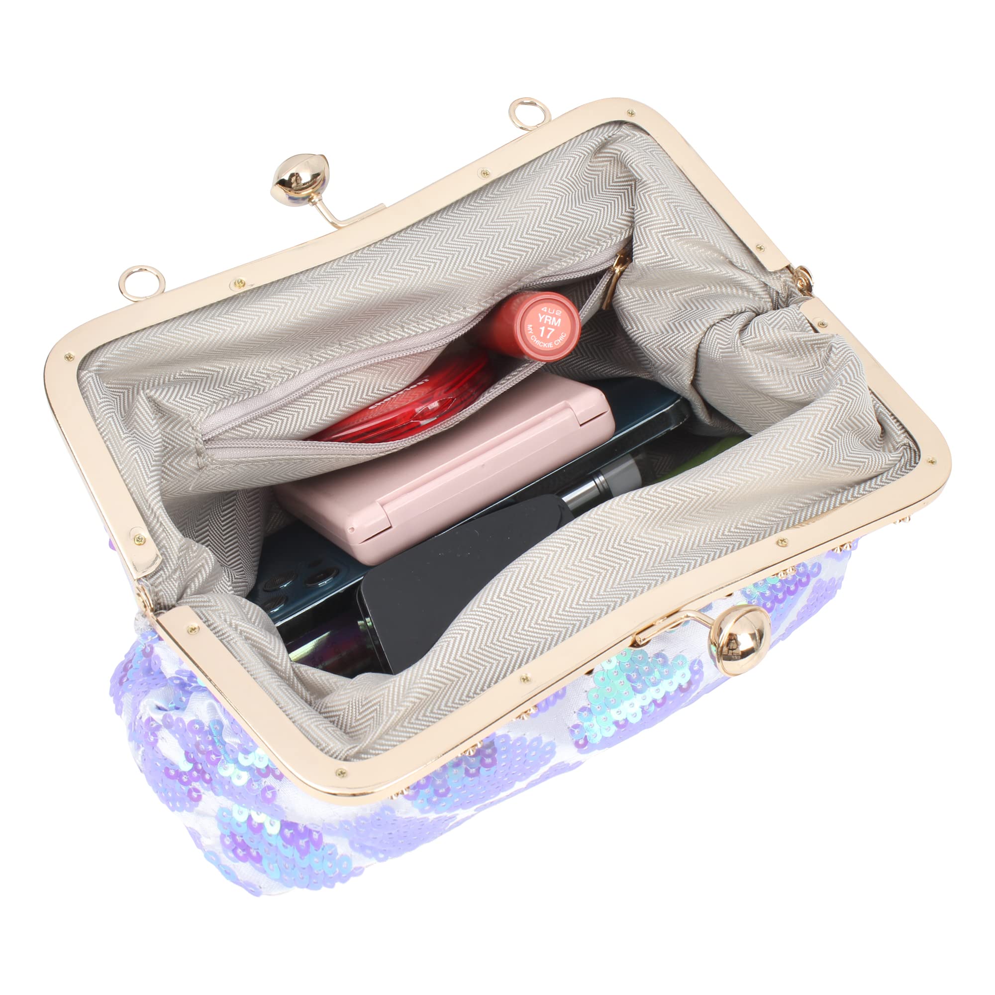 Women Mini Mermaid Scale Sequin Evening Handbag Clutch Chain Strap Cross-body Bag Kiss Lock