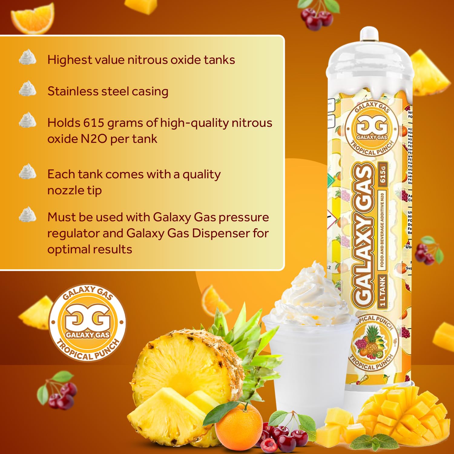 Galaxy Gas Tropical Punch Flavored Whipped Cream Dispenser, 1L Nitrous Oxide Cylinder