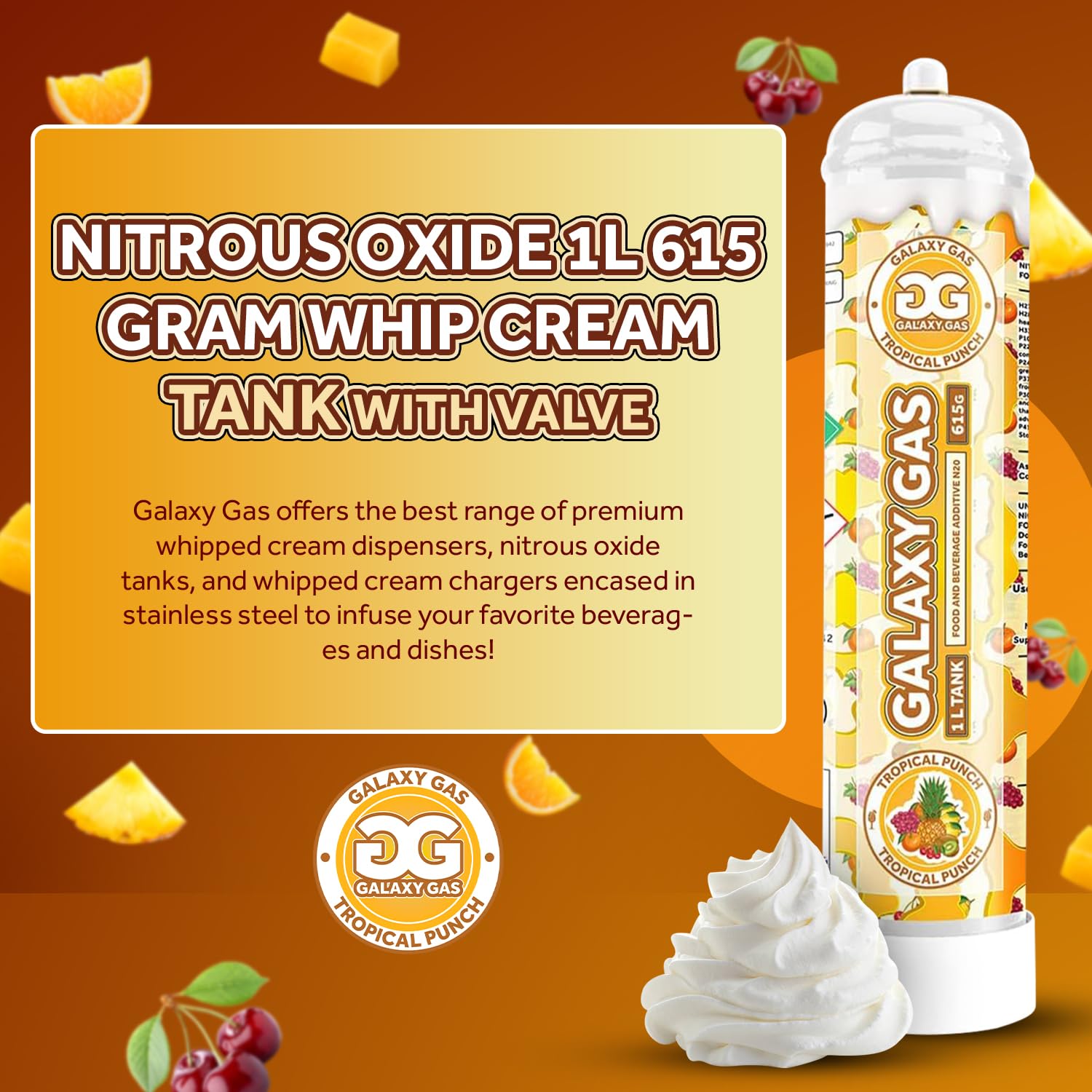 Galaxy Gas Tropical Punch Flavored Whipped Cream Dispenser, 1L Nitrous Oxide Cylinder