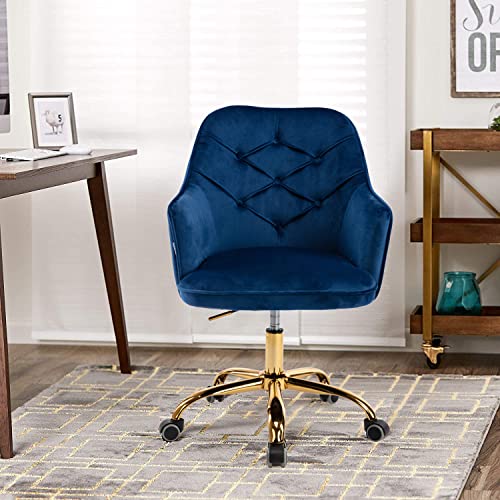 Velvet Office Desk Chair, Modern Tufted Swivel Shell Chair with 5-Star Metal Base, 360° Swivel Height Adjustable Computer Desk Armchair Upholstered Vanity Chair for Home Living Room Bedroom, Pink