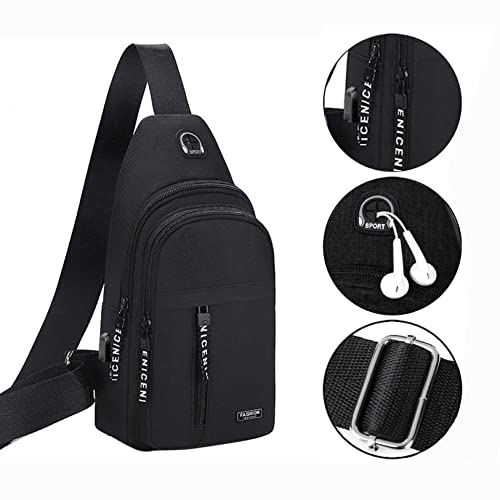 Waterproof Crossbody Sling Backpack Multipurpose Shoulder Bag Travel Hiking Chest Bag Daypack With USB Hole & Headphone Hole(Without mobile power) (Black)
