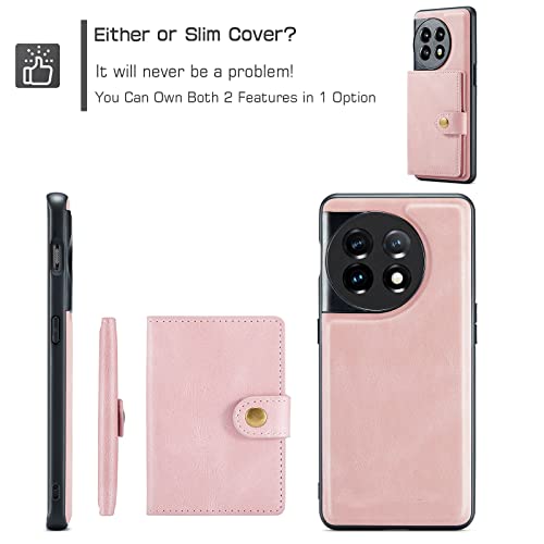 Asuwish Phone Case for OnePlus 11 One Plus 11 5G Wallet Cover with Tempered Glass Screen Protector and Credit Card Holder Stand Leather Cell Accessories On 1Plus 1 + Plus11 1+11 Eleven Women Men Pink