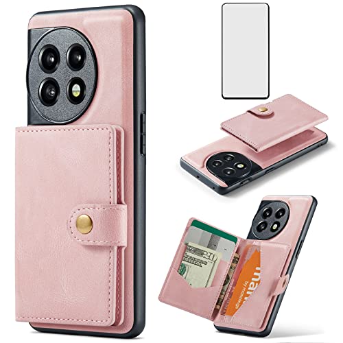 Asuwish Phone Case for OnePlus 11 One Plus 11 5G Wallet Cover with Tempered Glass Screen Protector and Credit Card Holder Stand Leather Cell Accessories On 1Plus 1 + Plus11 1+11 Eleven Women Men Pink