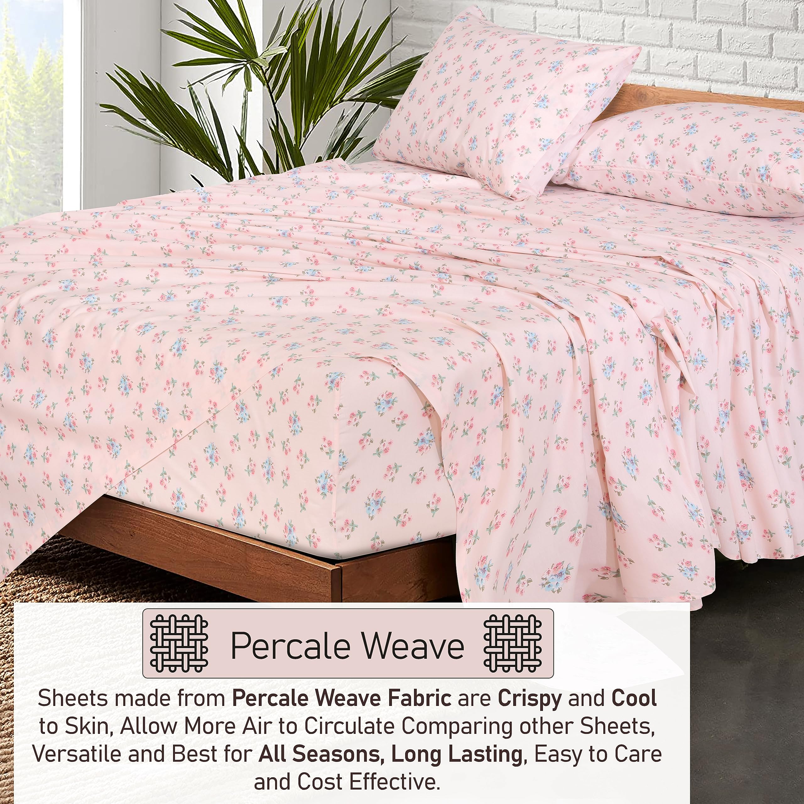 RUVANTI 100% Cotton Twin Sheets Set, 3 Pieces, Soft & Breathable Percale Weave Bedding, Deep Pocket 16", Hotel Standard, Crisp Cool Feel, Durable, Perfect Floral Bed Sheet, Spring On