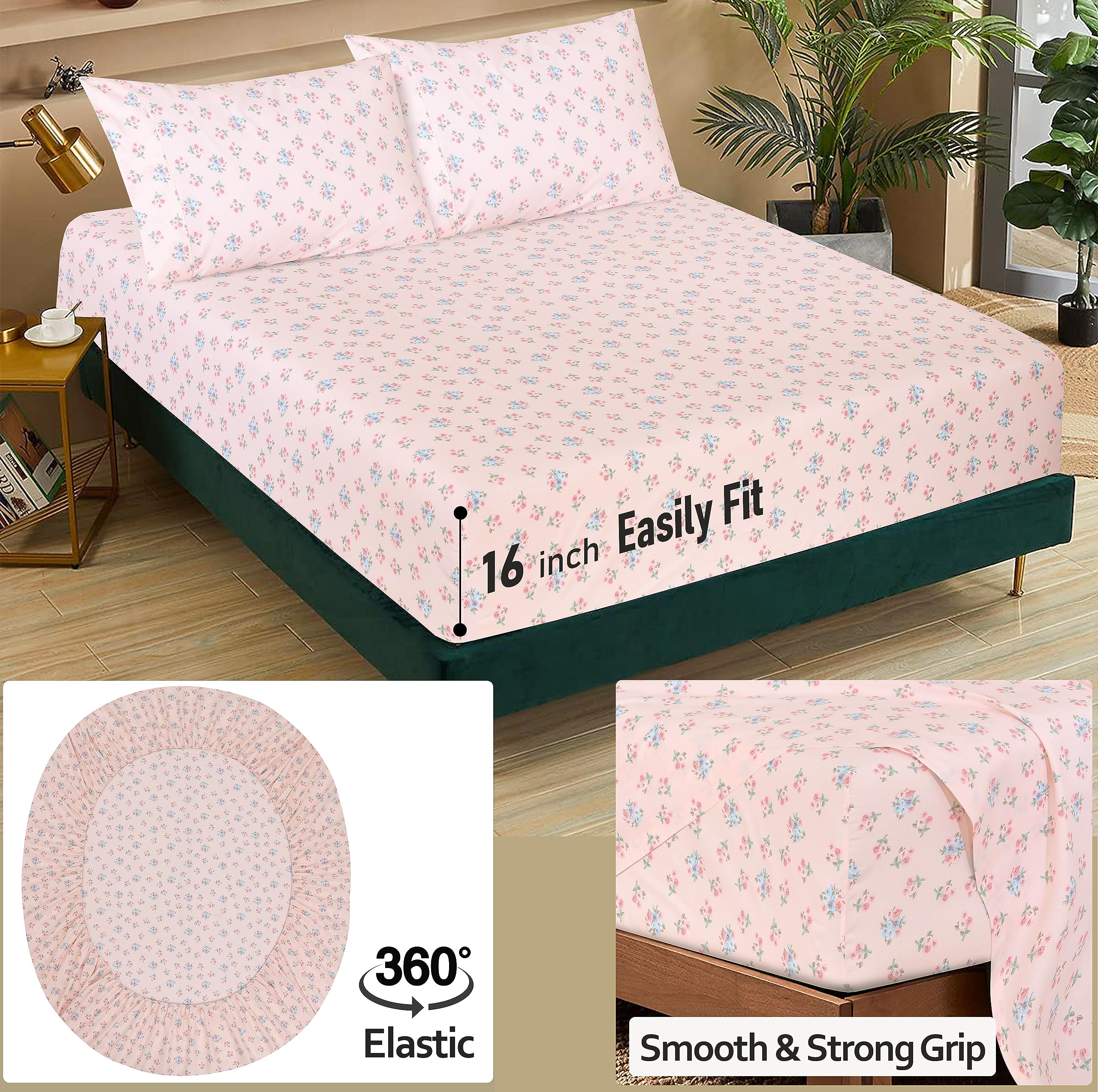 RUVANTI 100% Cotton Twin Sheets Set, 3 Pieces, Soft & Breathable Percale Weave Bedding, Deep Pocket 16", Hotel Standard, Crisp Cool Feel, Durable, Perfect Floral Bed Sheet, Spring On