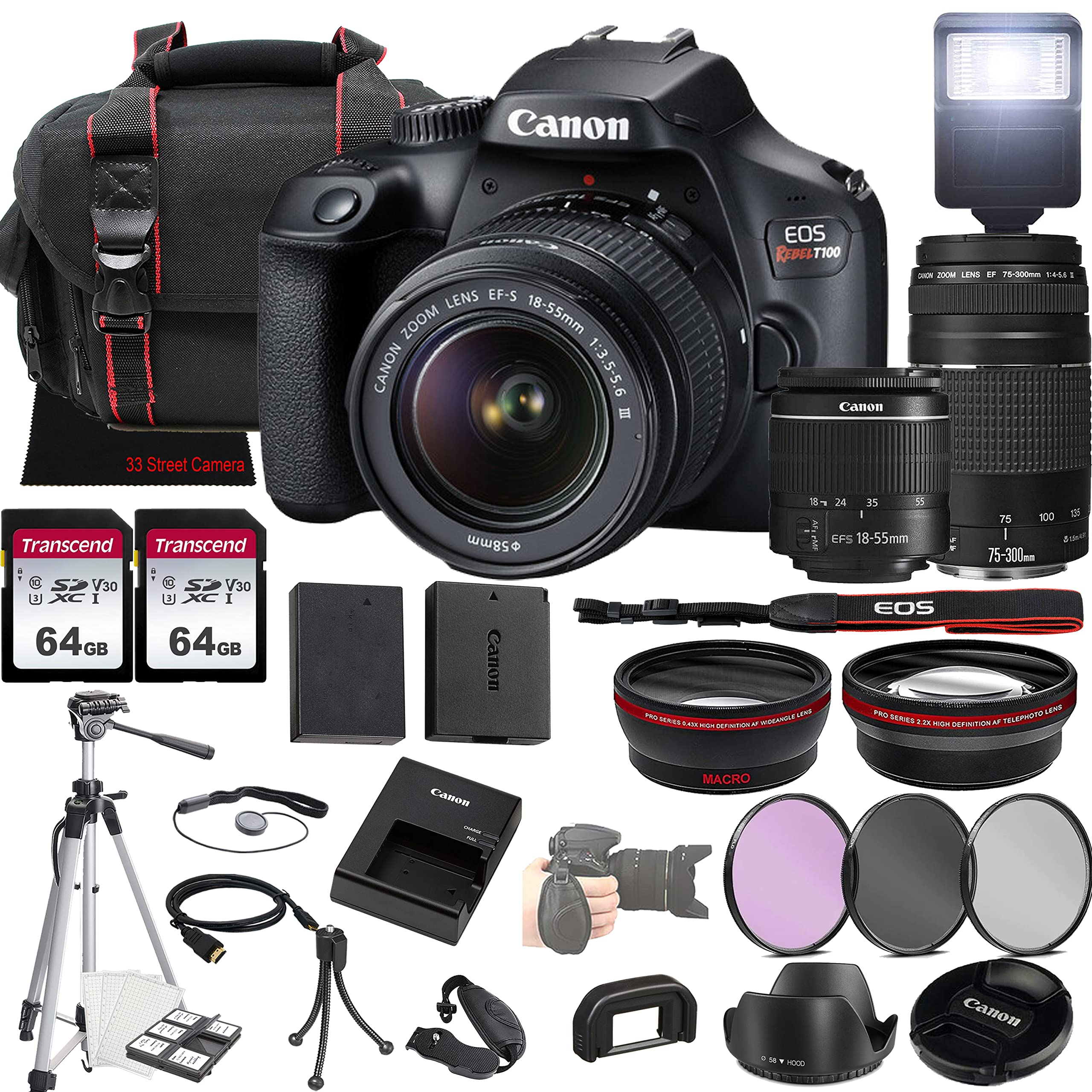 Canon EOS Rebel T100 DSLR Camera w/EF-S 18-55mm f/3.5-5.6 III Lens + EF 75-300mm f/4-5.6 III Lens + 2X 64GB Memory + Case + Filters + Tripod + More (35pc Bundle) (Renewed)