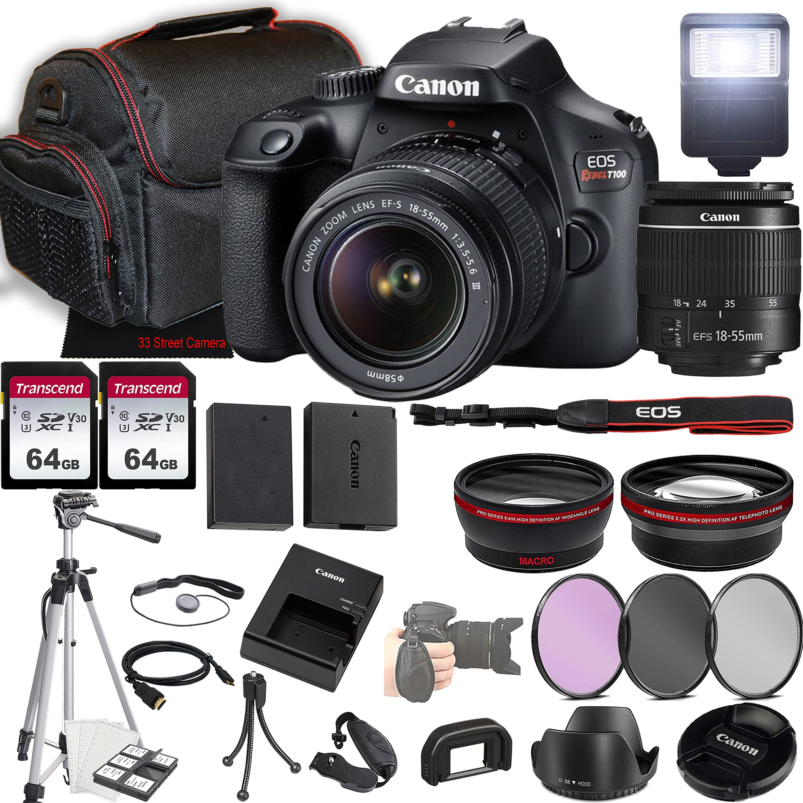 Canon EOS Rebel T100 DSLR Camera w/EF-S 18-55mm f/3.5-5.6 III Lens + 2X 64GB Memory + Case + Filters + Tripod + More (35pc Bundle) (Renewed)