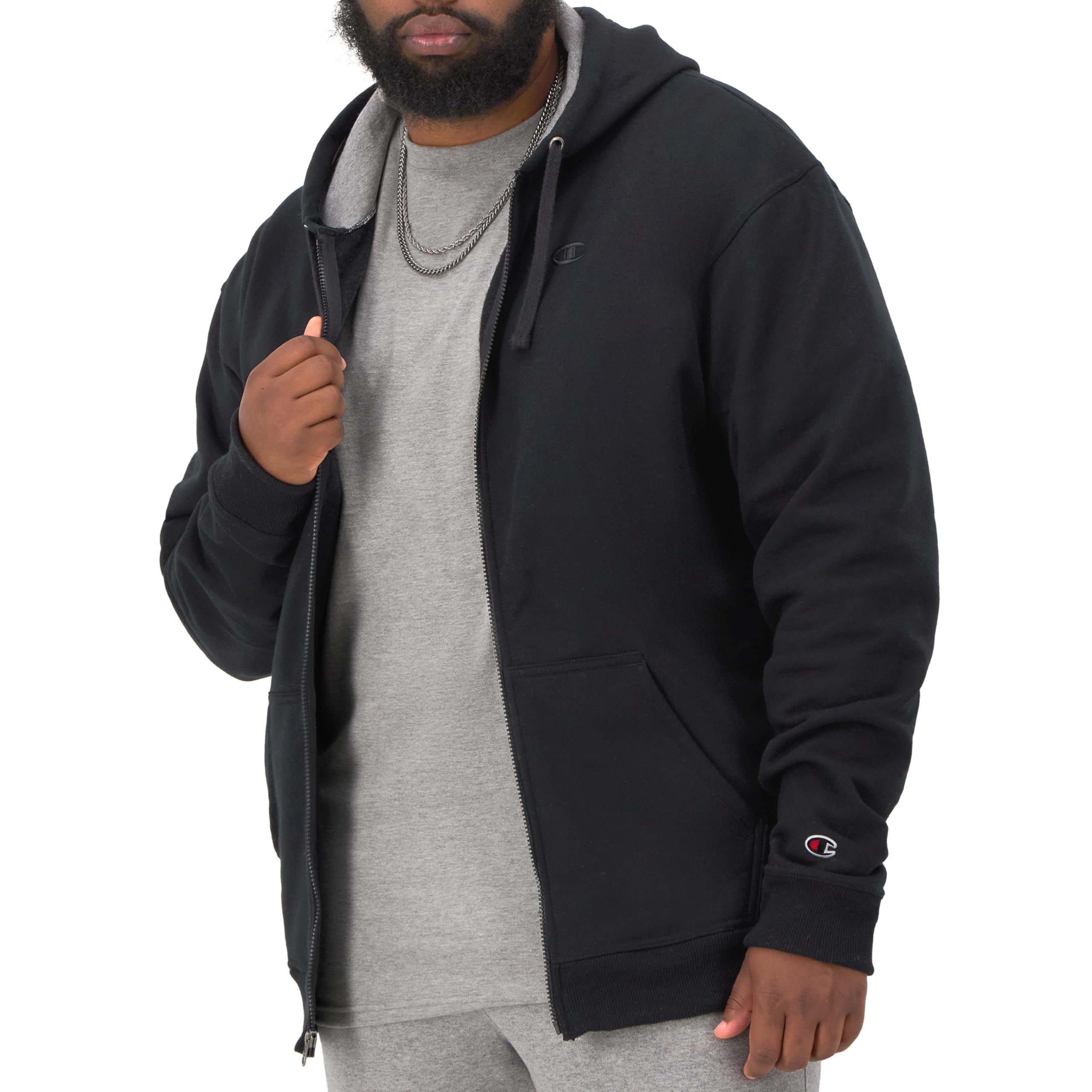 Champion, Powerblend, Comfortable Zip-Up Hoodie Sweatshirt for Men (Reg. or Big, Black C Logo, X-Large tall