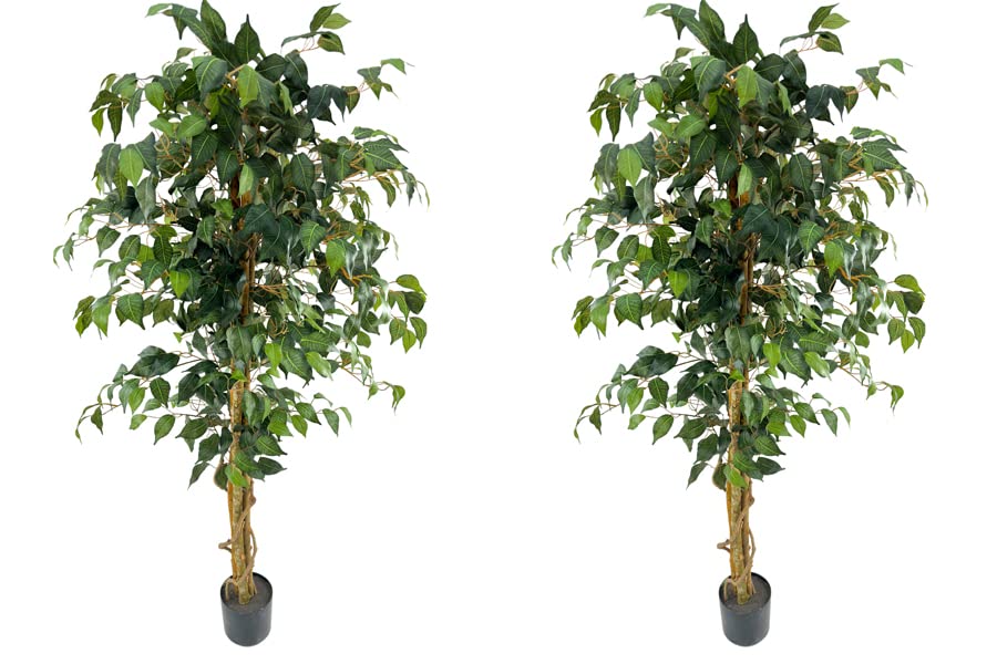 VIGGDA Artificial Ficus Trees 4ft（2pack） with Silk Leaves and Natural Trunk, Faux Ficus Tree with Sturdy Plastic Nursery Pot, Fake Ficus Tree for Office Home Farmhouse for Indoor Outdoor Decor