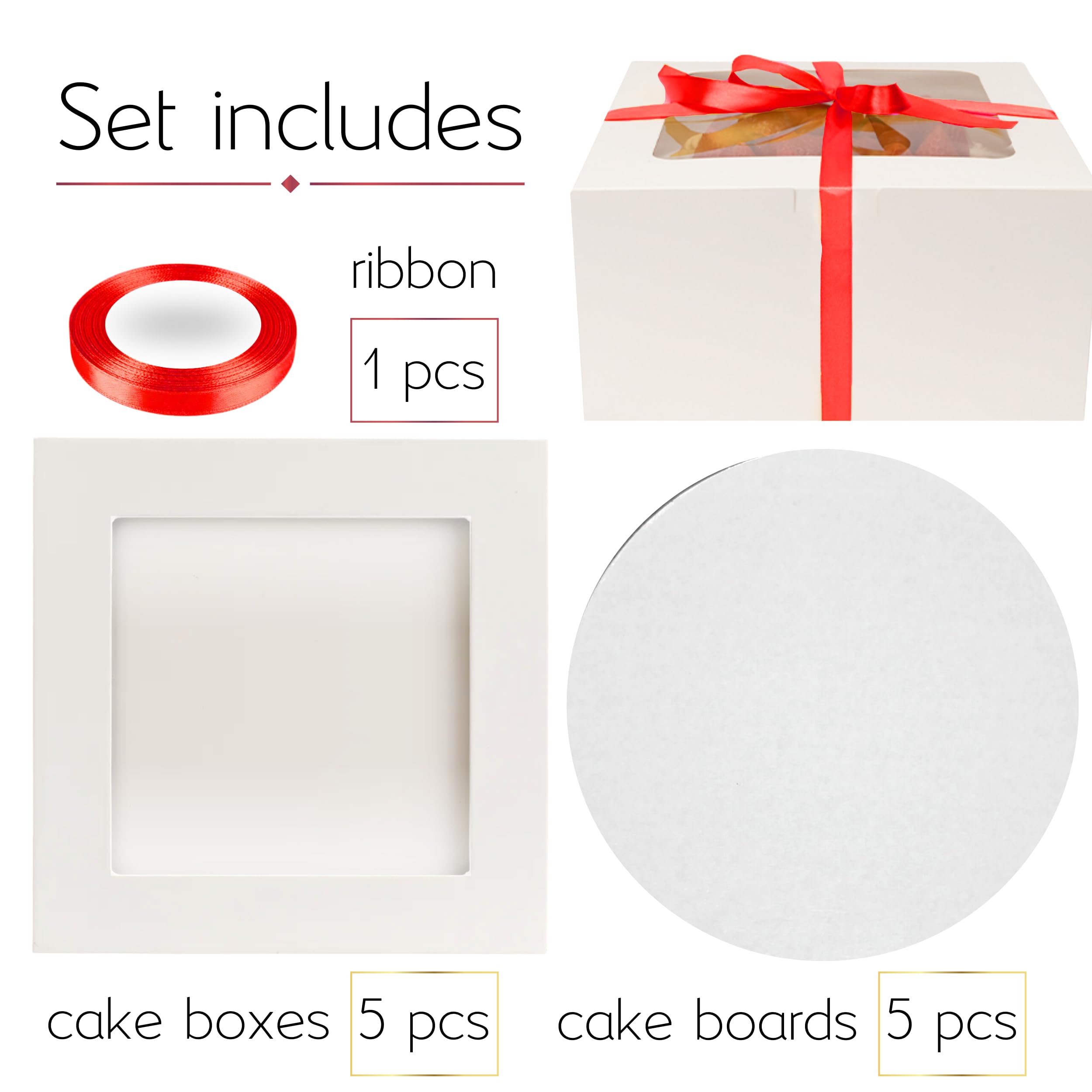 BELMAKS 10 Inch Cake Box Set – Disposable Cake Containers with Lids and Red Ribbons Bakery Boxes with Window Tall Cake Boxes 10 Inch and 10 Inch Cake Drum Paper Box for Cake with Ribbon and Cake Board