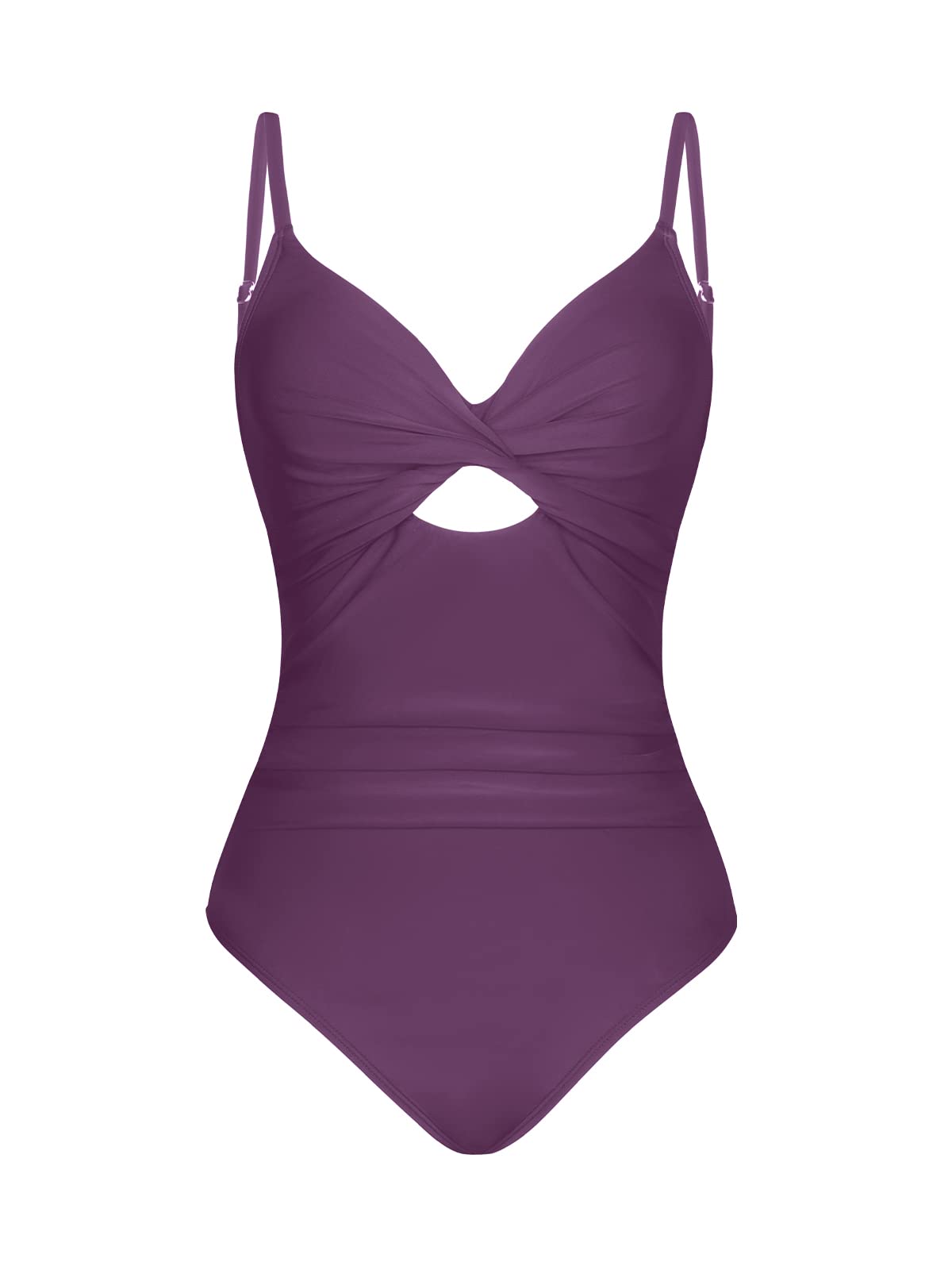 CUPSHE One Piece Swimsuit for Women Bathing Suits Twist Front Cutout Adjustable Straps Ruched Swimwear M, Dark Purple