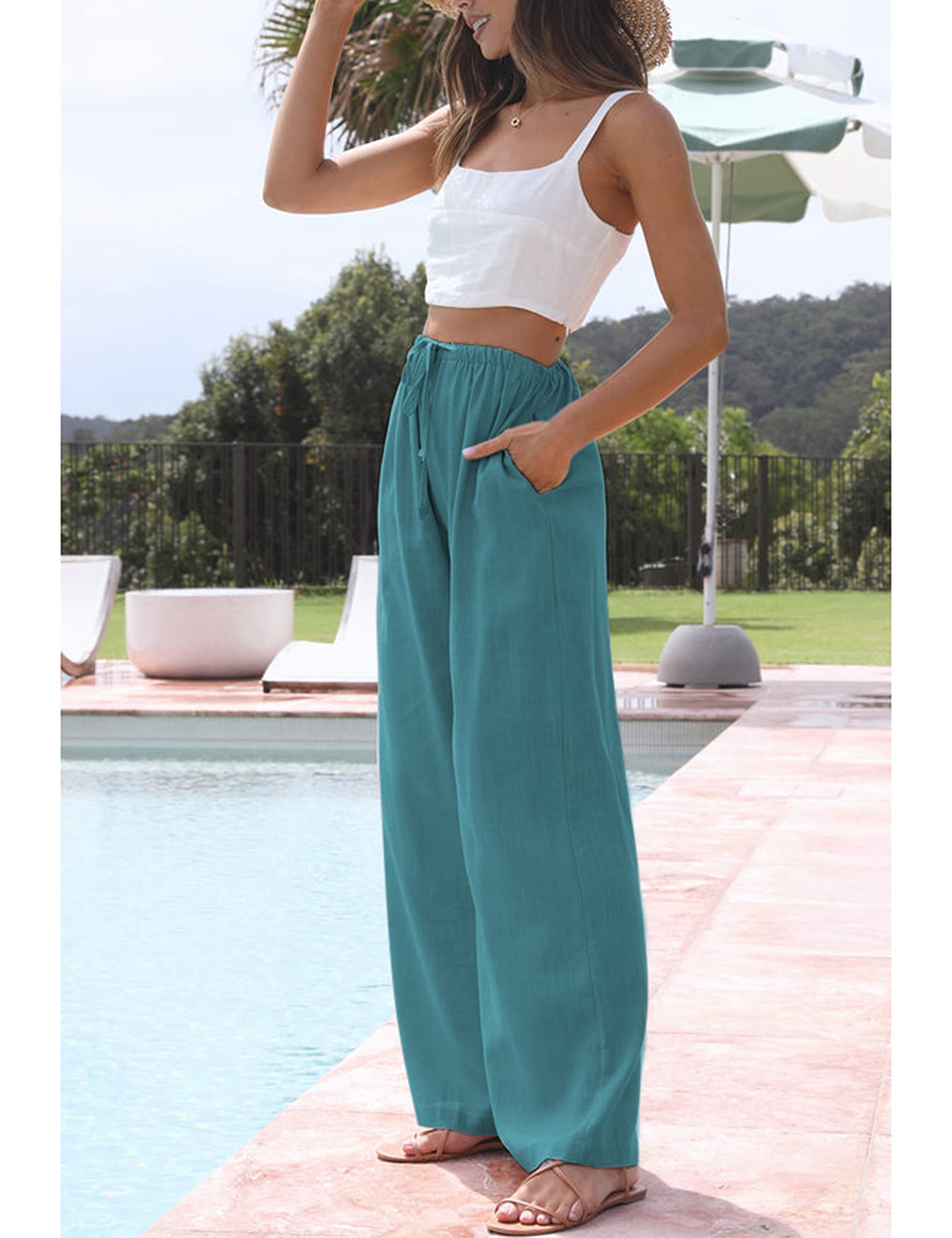 Himosyber Women Cotton Linen Pants Wide Leg High Waist Flowy Summer Beach Drawstring Pant Trouser (Blue-XL)