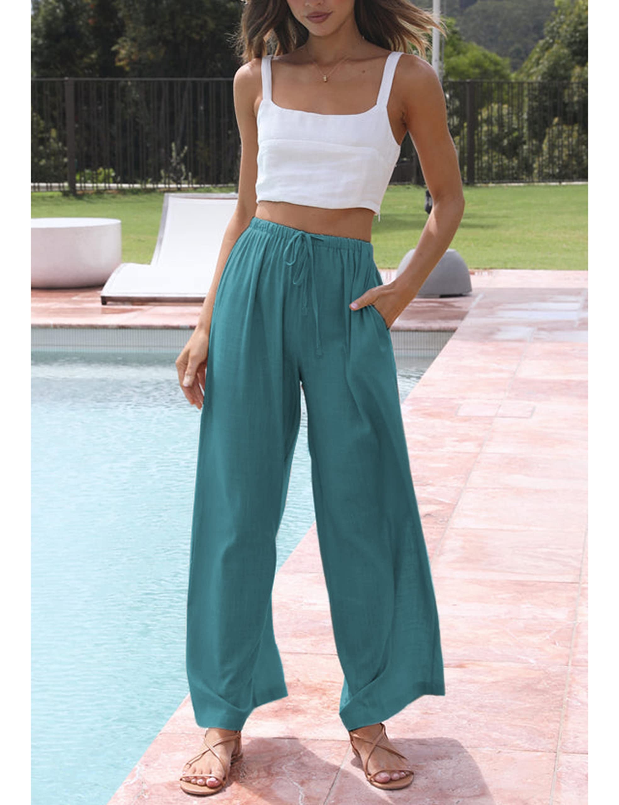 Himosyber Women Cotton Linen Pants Wide Leg High Waist Flowy Summer Beach Drawstring Pant Trouser (Blue-XL)