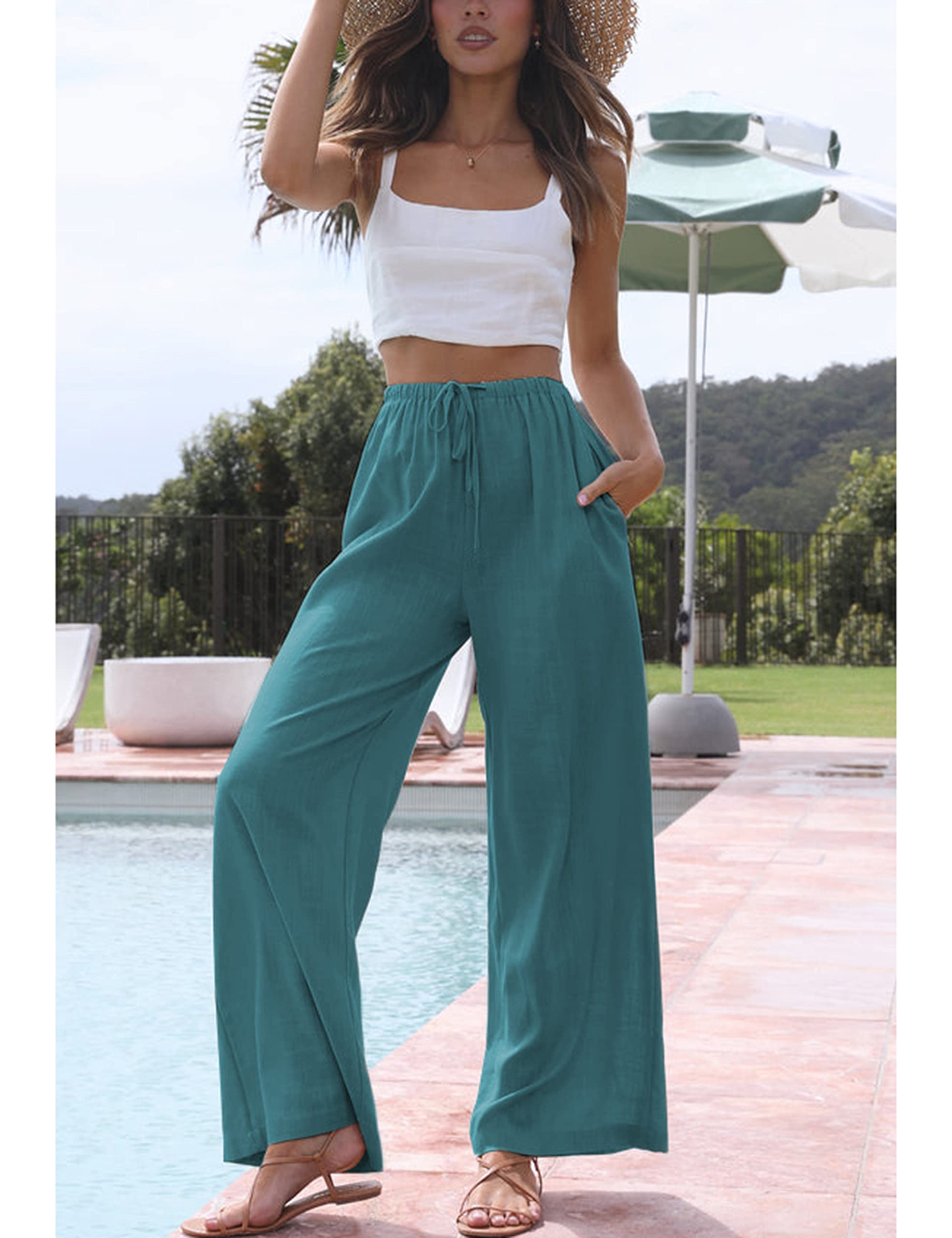 Himosyber Women Cotton Linen Pants Wide Leg High Waist Flowy Summer Beach Drawstring Pant Trouser (Blue-XL)