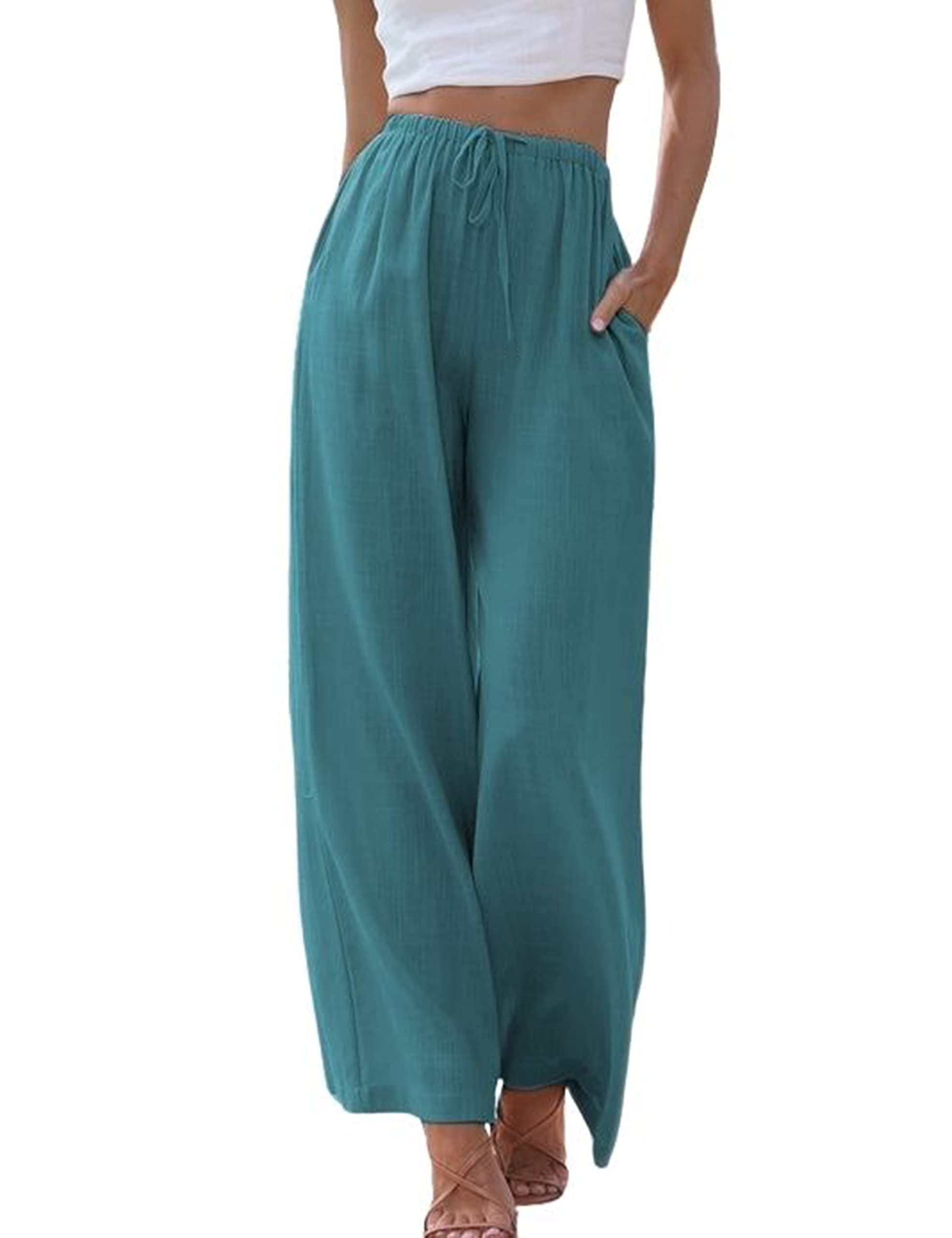 Himosyber Women Cotton Linen Pants Wide Leg High Waist Flowy Summer Beach Drawstring Pant Trouser (Blue-XL)